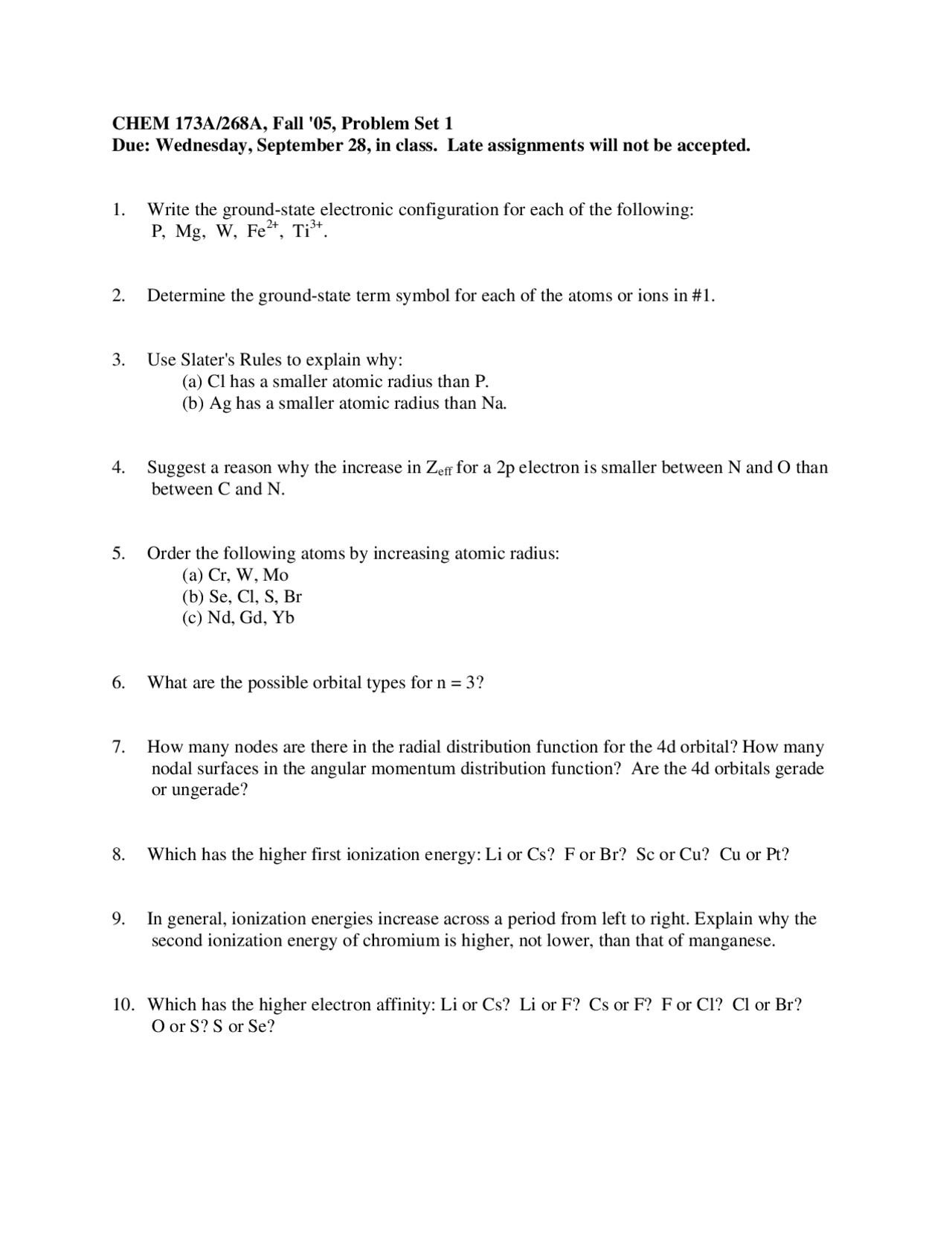 Assignment 1 Problem Set For Inorganic Chemistry Chem 173a Docsity