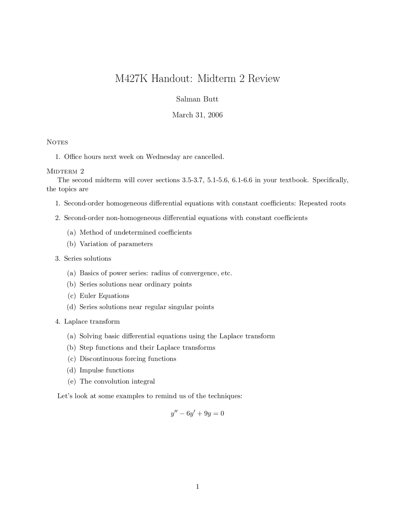 Midterm 2 Review - Advanced Calculus for Application I-Honors, Handout ...