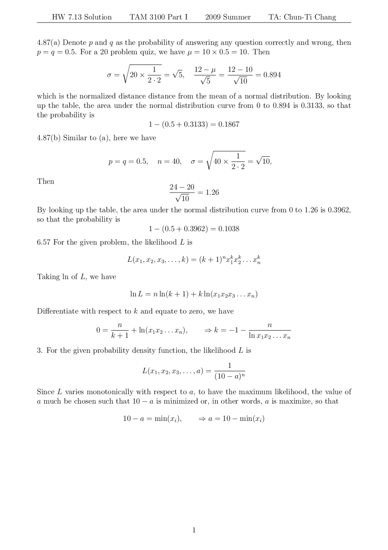 Homework 7 With Solutions Introduction To Applied Mathematics I Tam