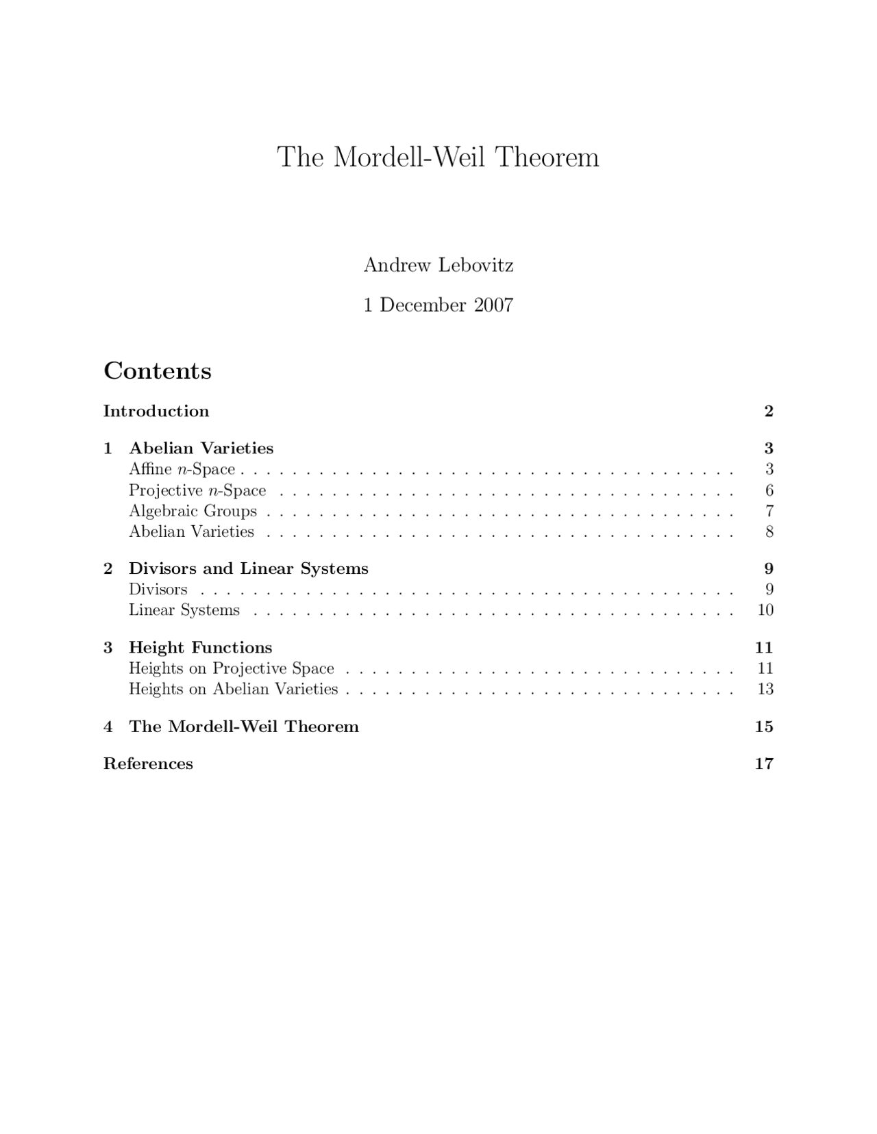 The Mordell Weil Theorem Fall 2007 | MATH 514A - Docsity