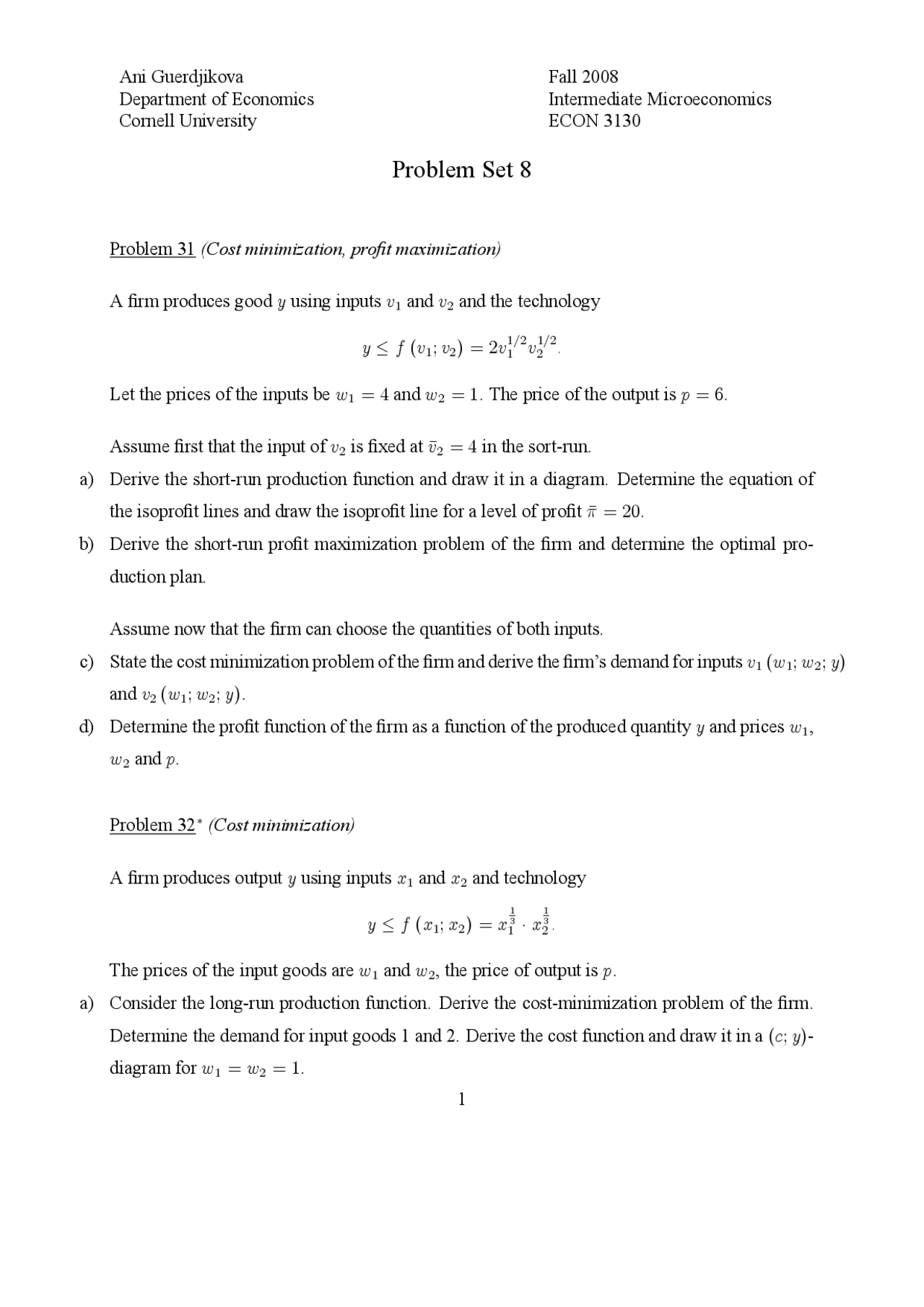 Problem Set 8 On Intermediate Microeconomic Theory Econ 3130 Docsity