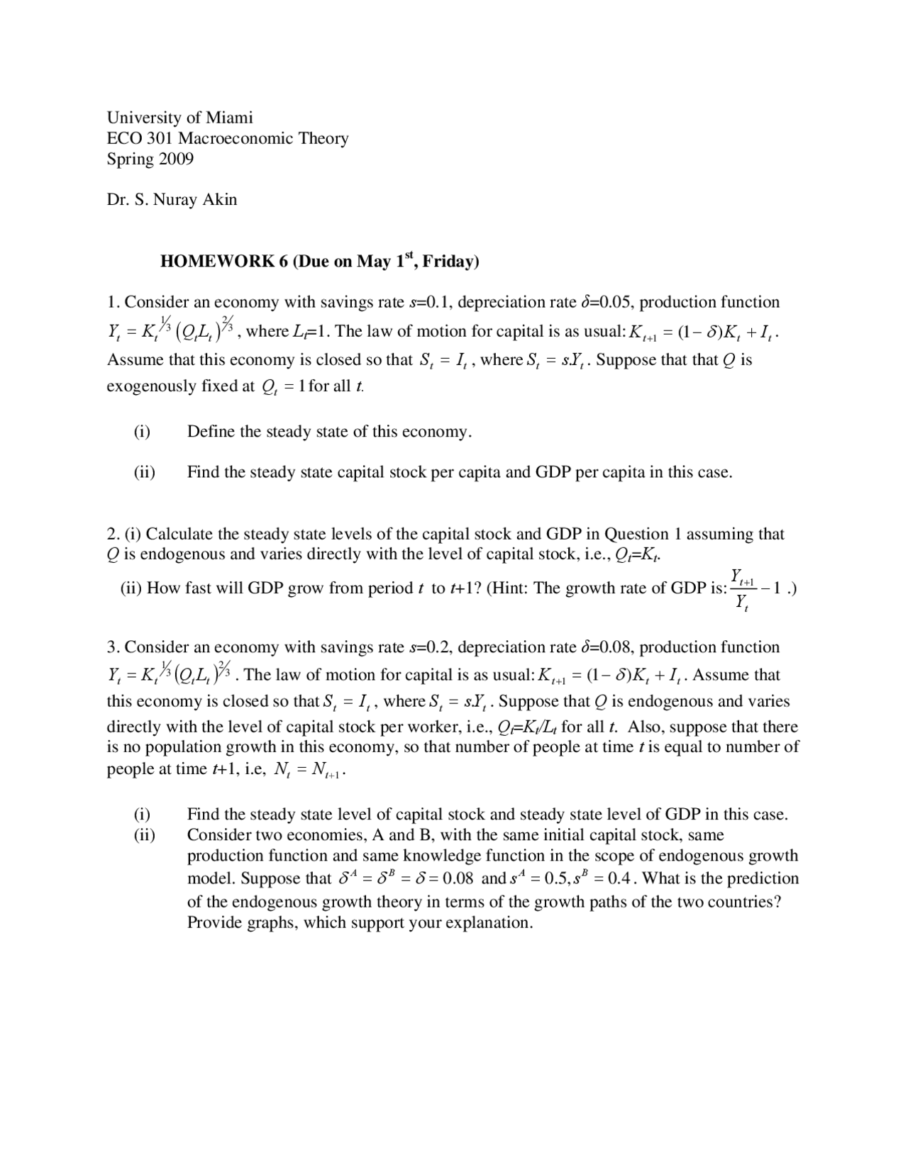 Assignment 6 Macroeconomic Theory Eco 301 Docsity