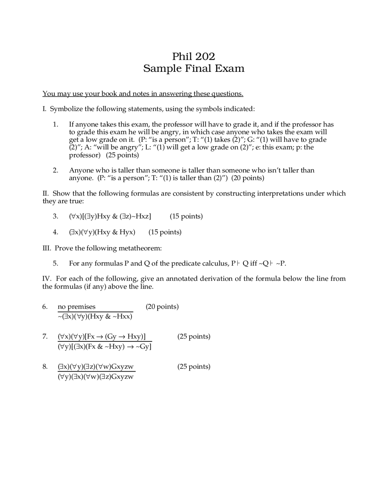 Introduction To Symbolic Logic Final Exam Phil 202 Exams Philosophy Docsity