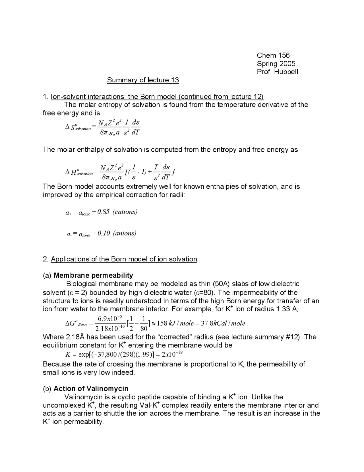 Born Model of Ion-Solvation: Lecture 13 Summary in Chem 156, Spring ...