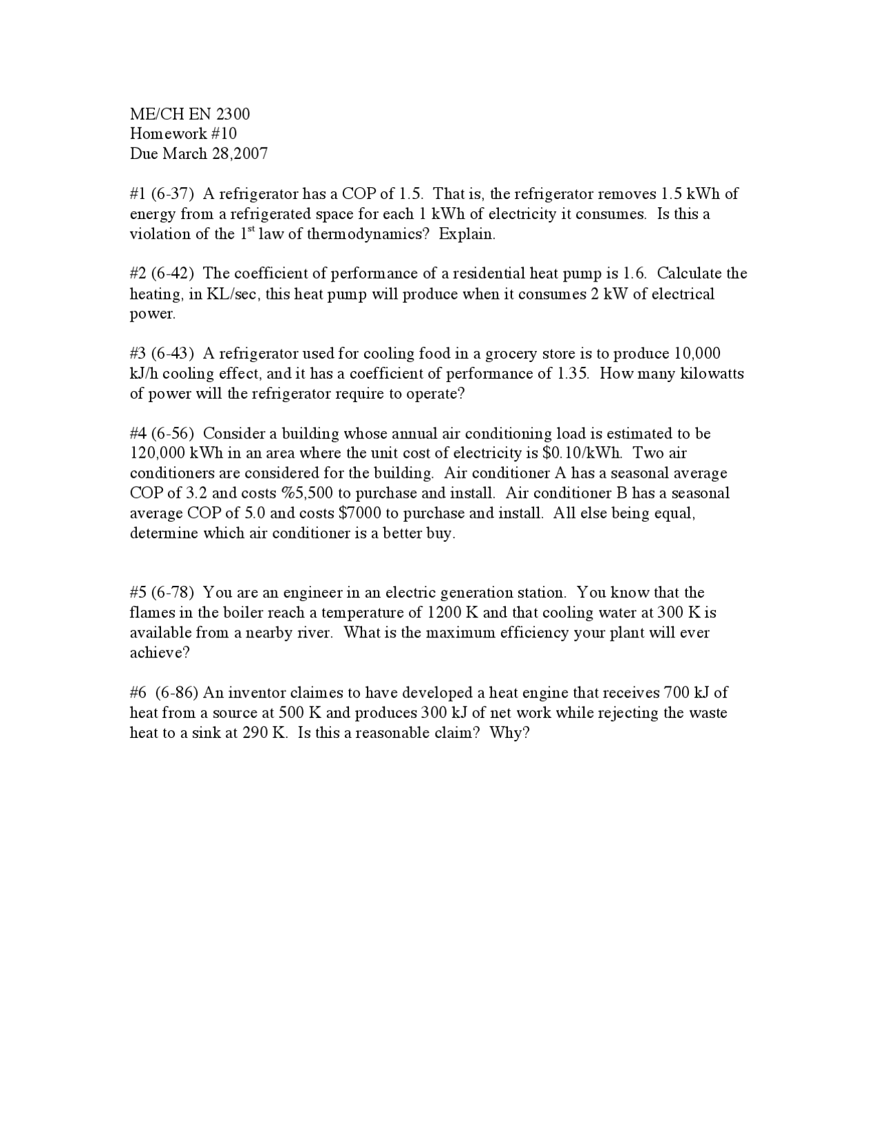 Thermodynamics I 6 Problems On Assignment 10 Ch En 2300 Docsity
