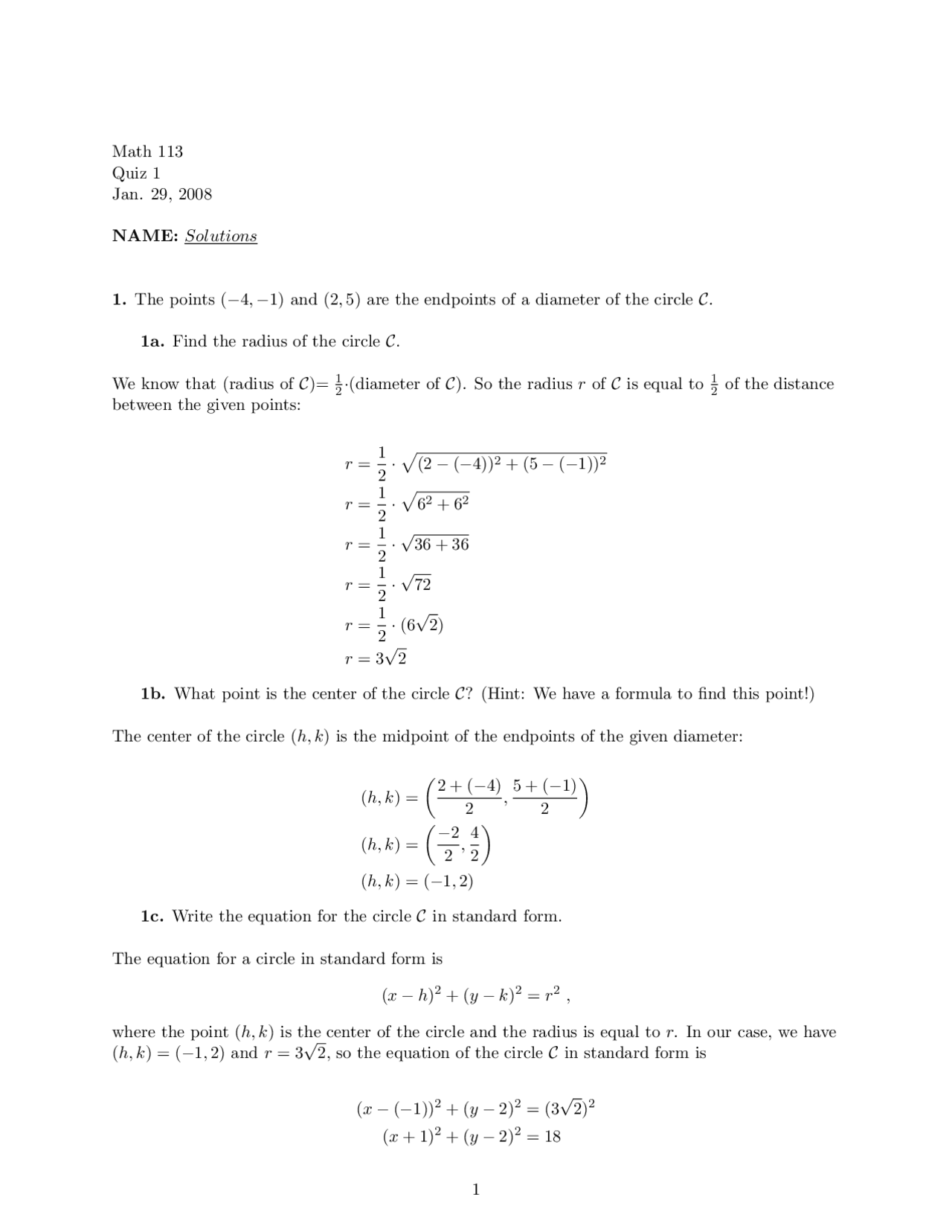 Quiz 1 Solutions - Elements of Calculus | MATH 113 - Docsity