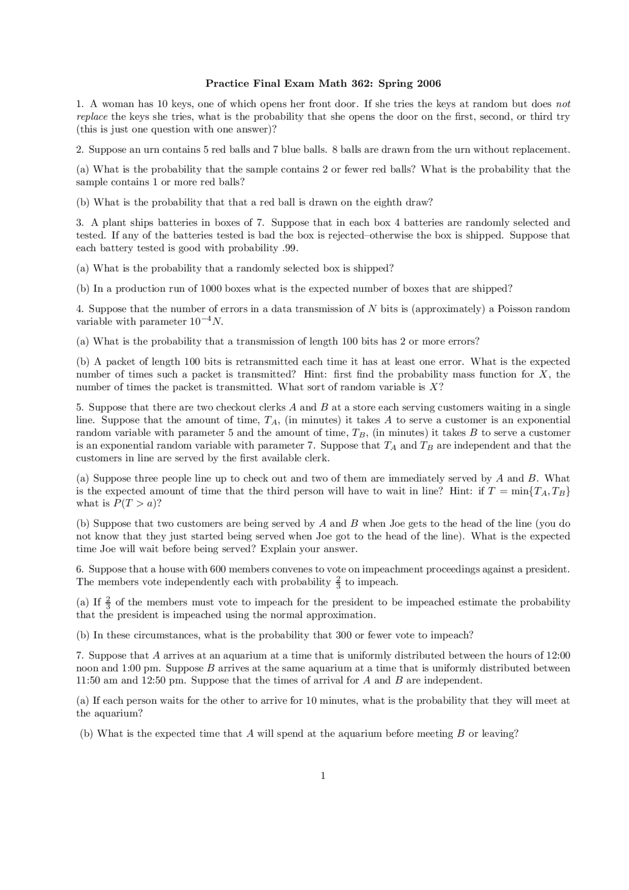 7 Questions for Practice Final Exam - Introduction to Probability ...
