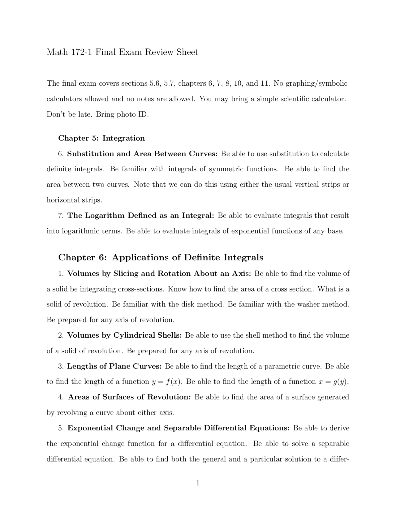 Final Exam Review Sheet Calculus Ii Math 172 Exams Calculus Docsity