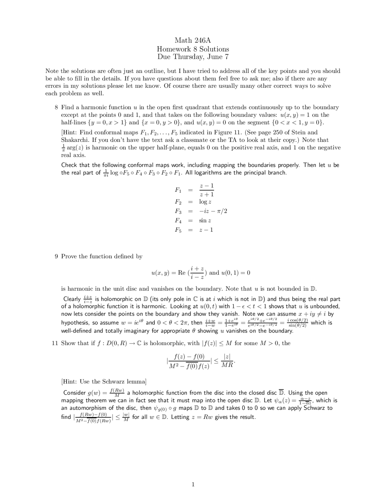 Solution Of Assignment 8 Complex Analysis Math 246a Docsity