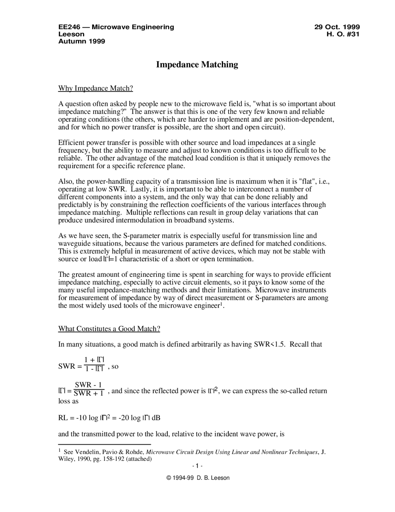 Impedance Matching Lab Autumn 1999 Rg St 145 Docsity