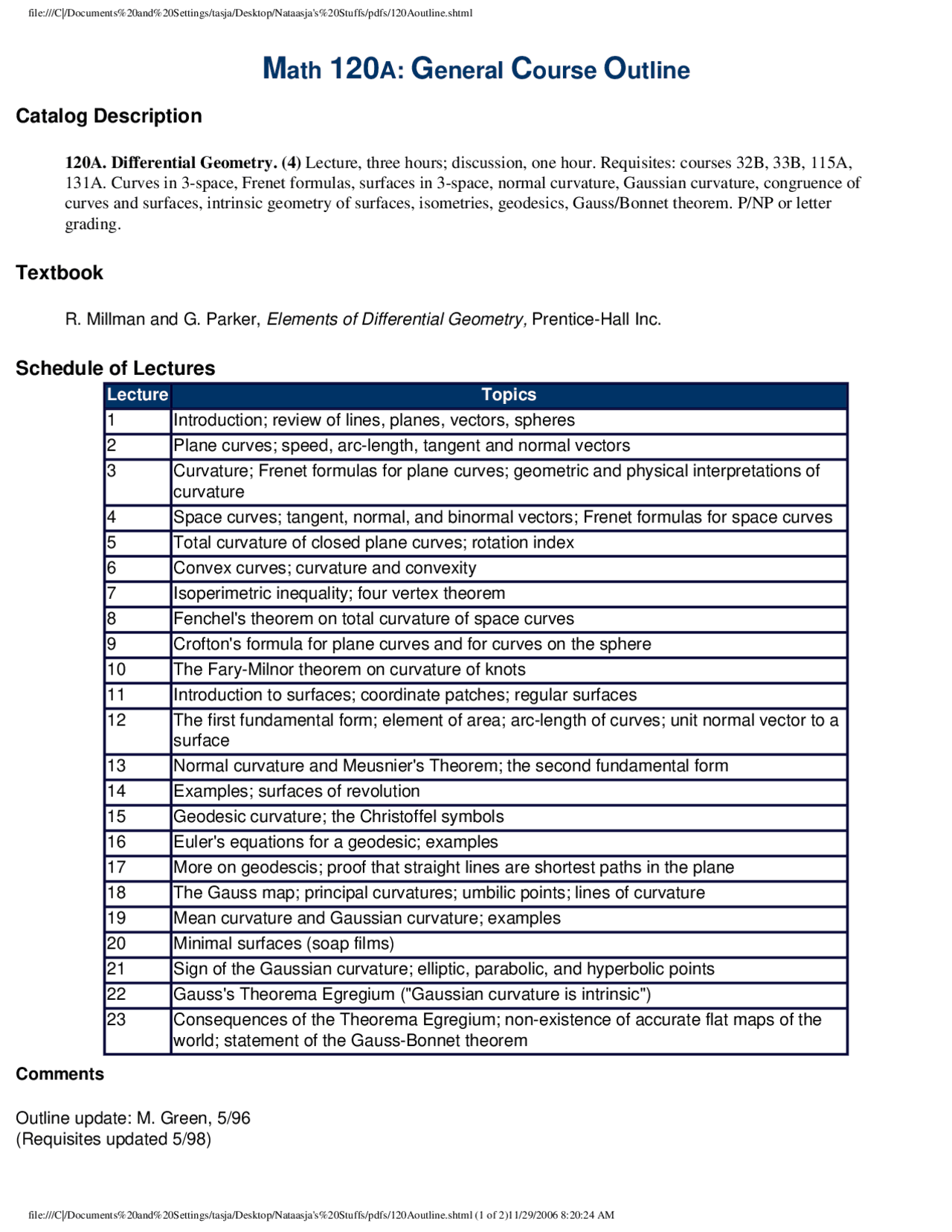 General Course Outlines for Differential Geometry | MATH 120A - Docsity