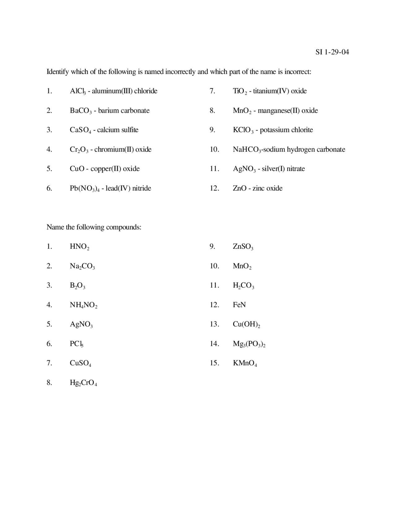 Assignment Questions For Introductory Chemistry I Che 1101 Docsity