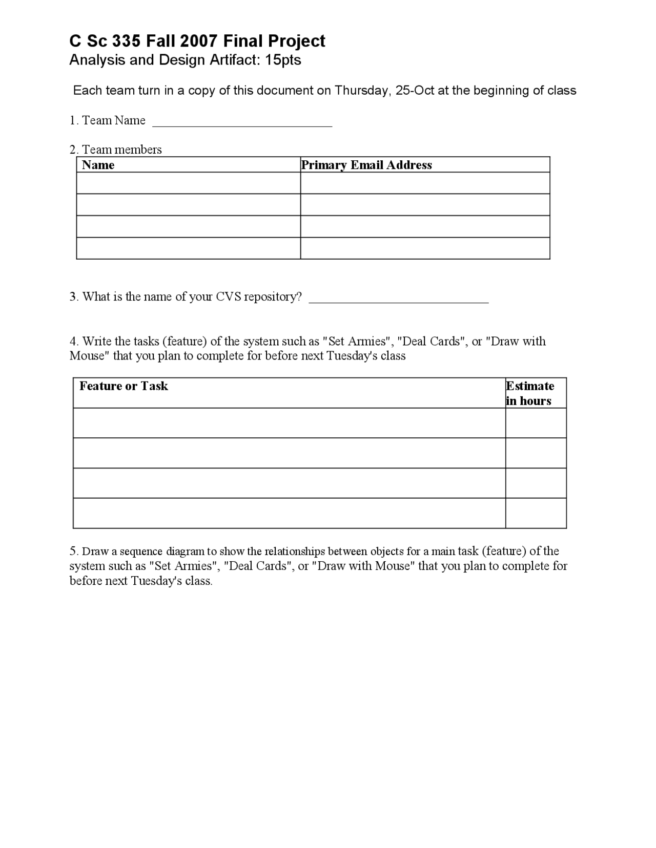 C Sc 335 Fall 2007 Final Project Instructions | Study Guides, Projects, Research Computer ...