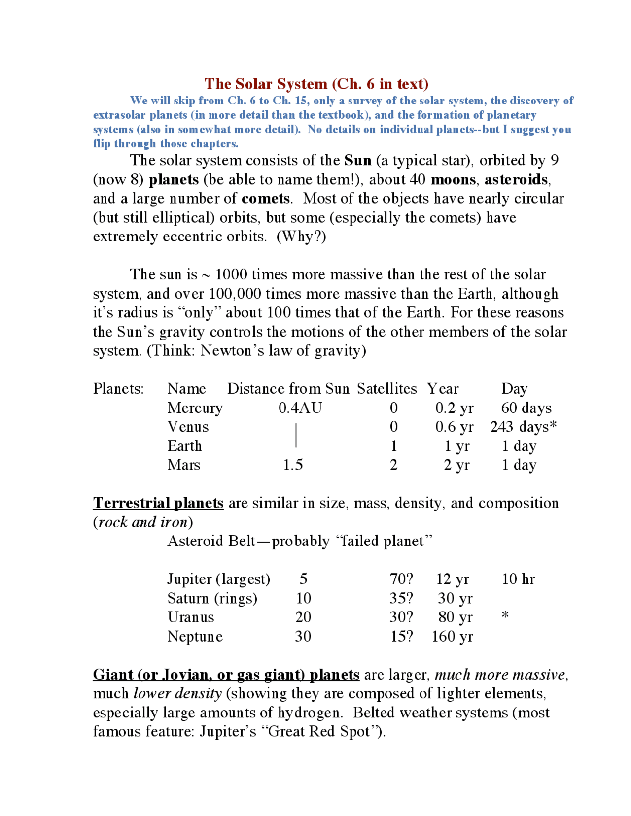 The Solar System Lecture Notes Introduction To Astronomy Ast 301