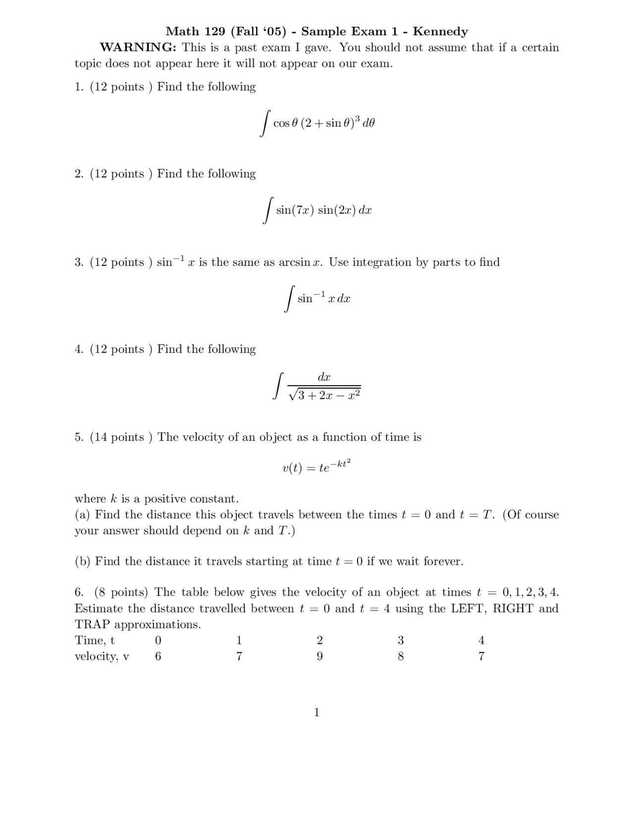 Sample Exam I Questions Calculus Ii Math 129 Docsity