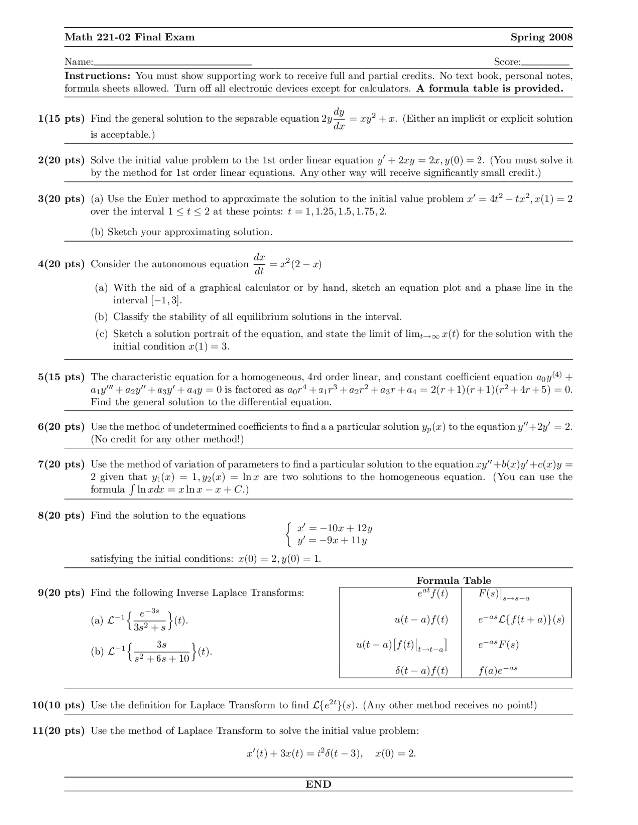 11 Questions For Final Exam Differential Equations Math 221 Exams