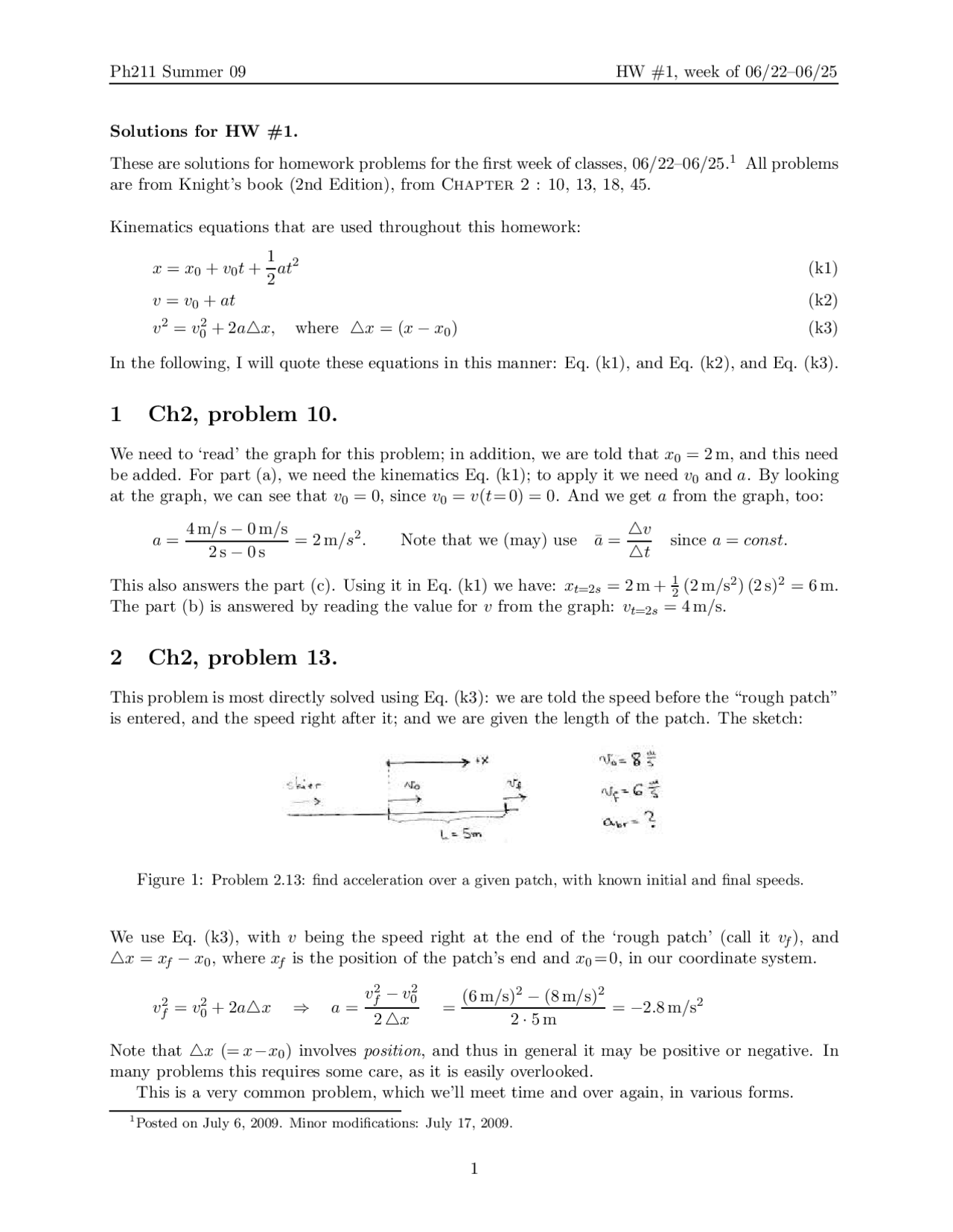 Solutions to Homework 1 - General Physics with Calculus | PH 211 | Assignments Physics | Docsity