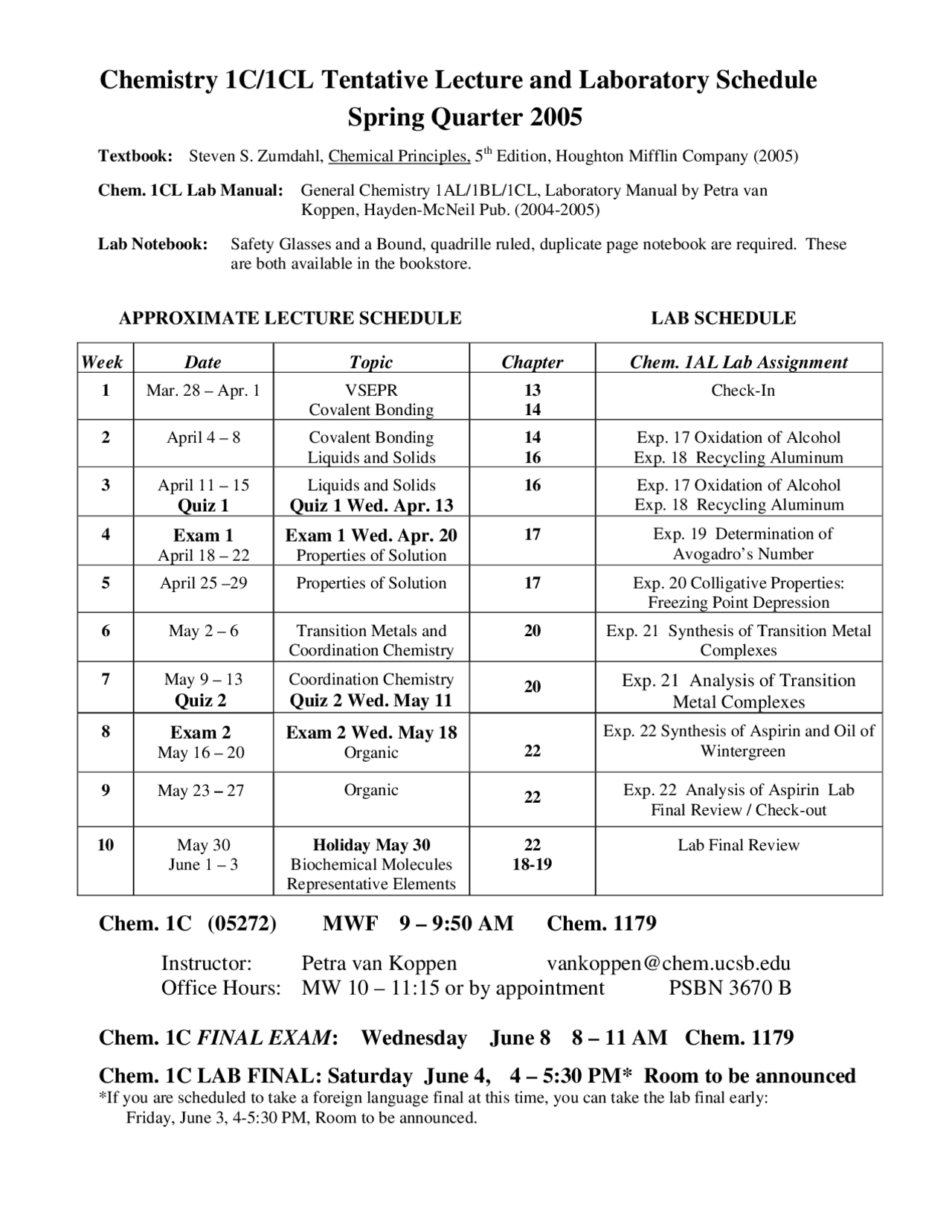Tentative Lecture and Laboratory Schedule on General Chemistry | CHEM ...