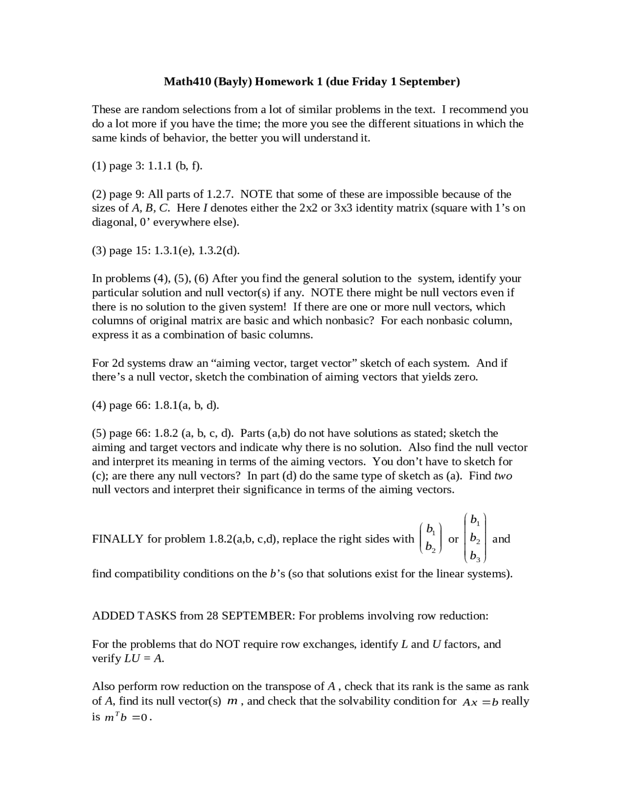 Math410 Homework 1: Linear Algebra Problems | Assignments Mathematics | Docsity