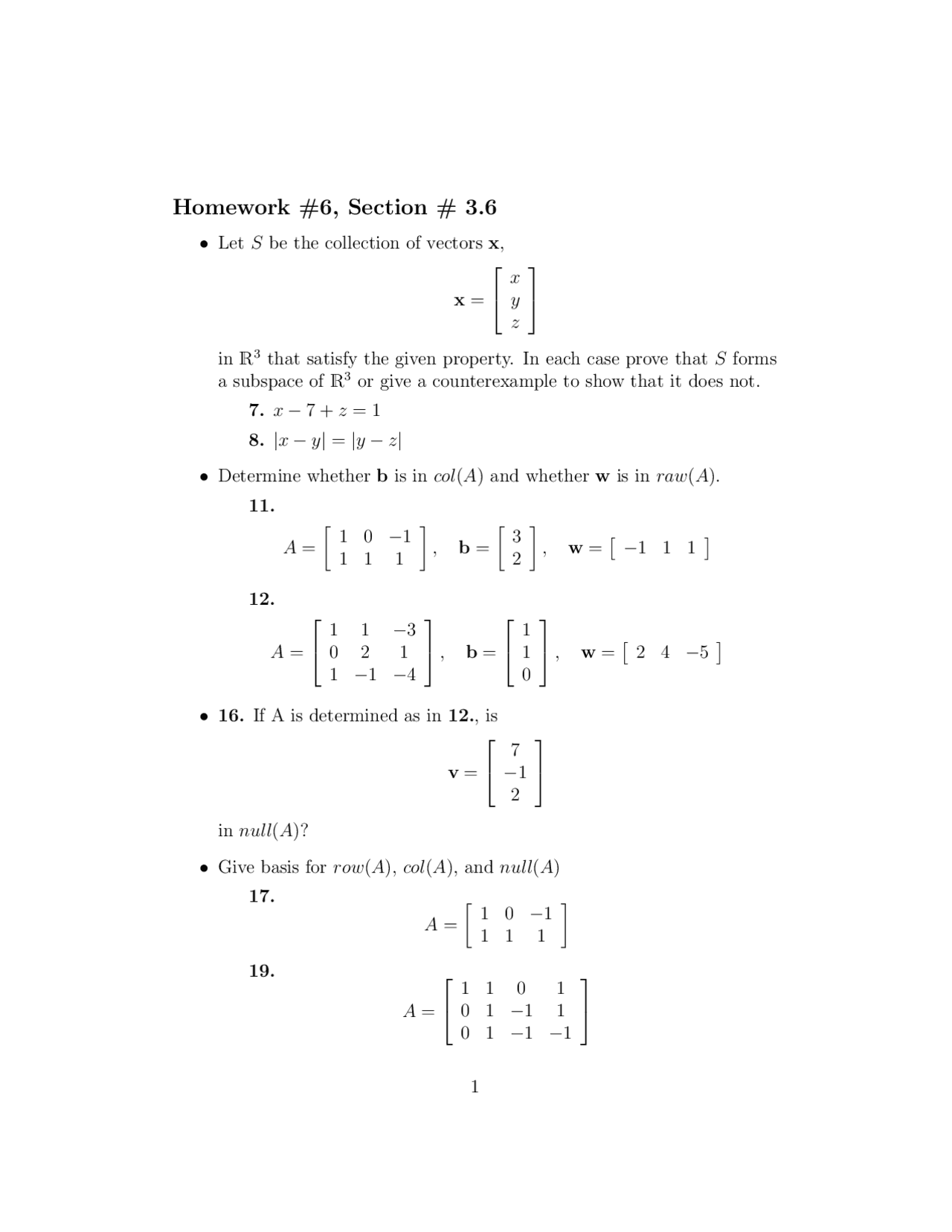 Introduction To Linear Algebra Homework 6 Math 215 Docsity