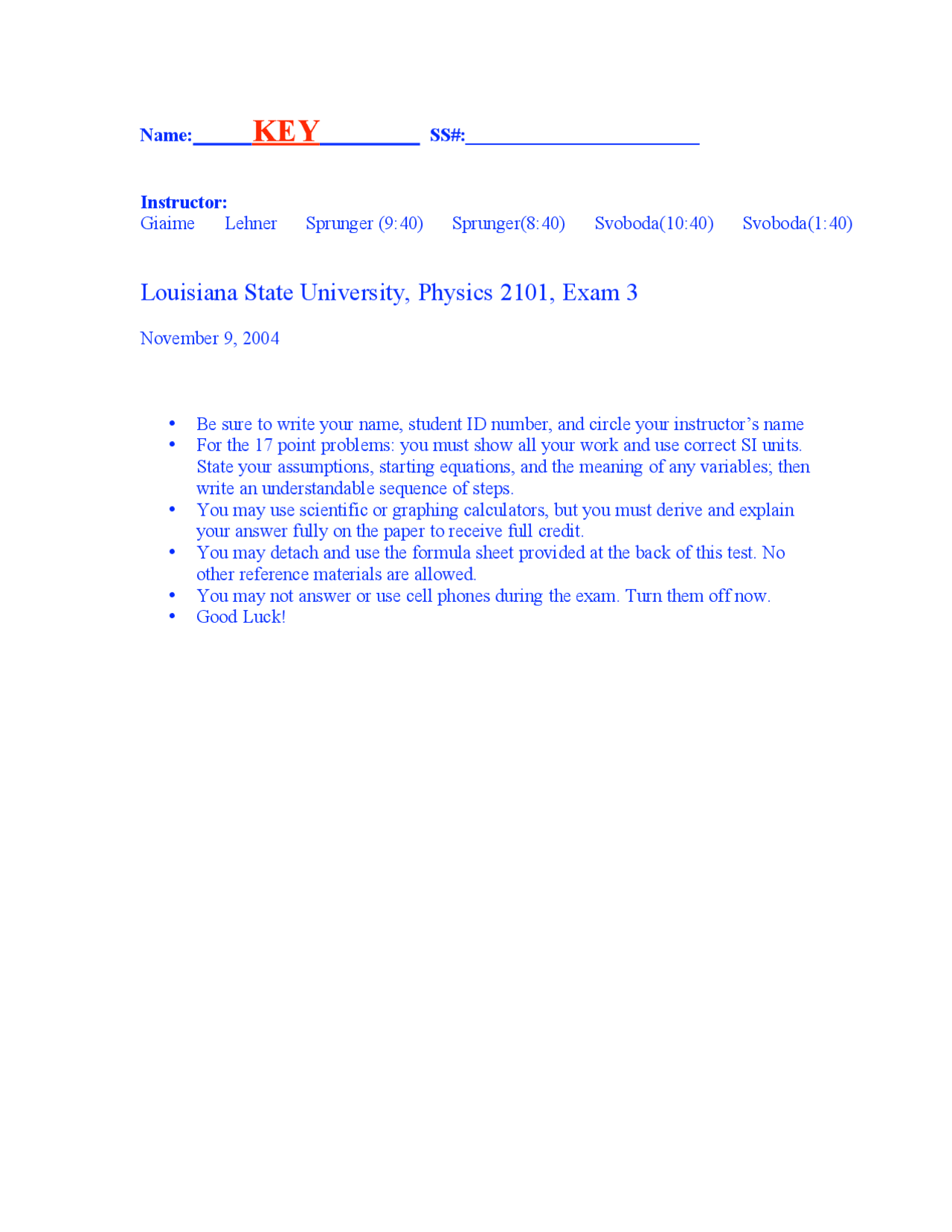 Exam Paper With Solution General Physics Phys 2101 Docsity