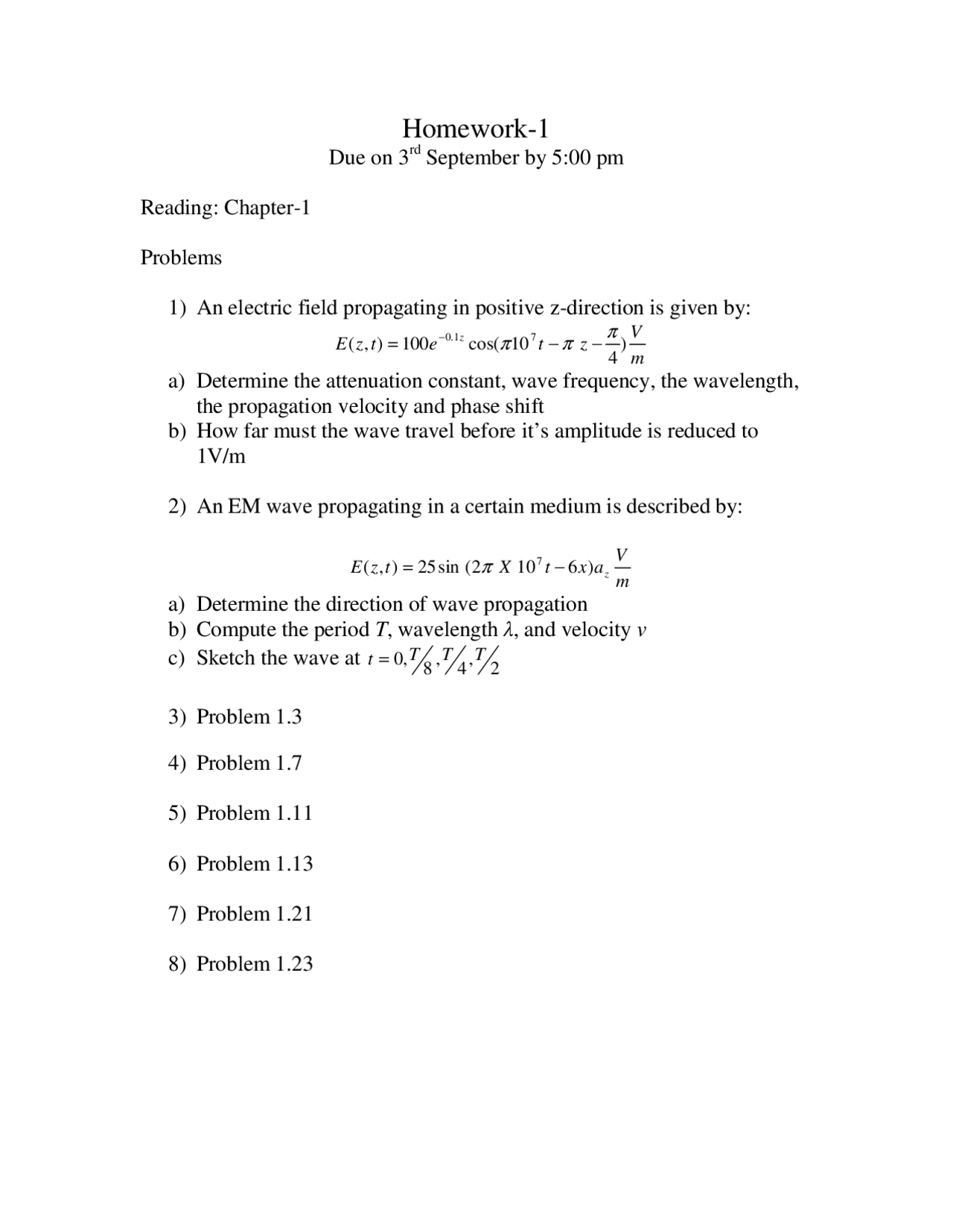 Homework 1 Fundamentals Of Electromagnetics And Transmission Lines