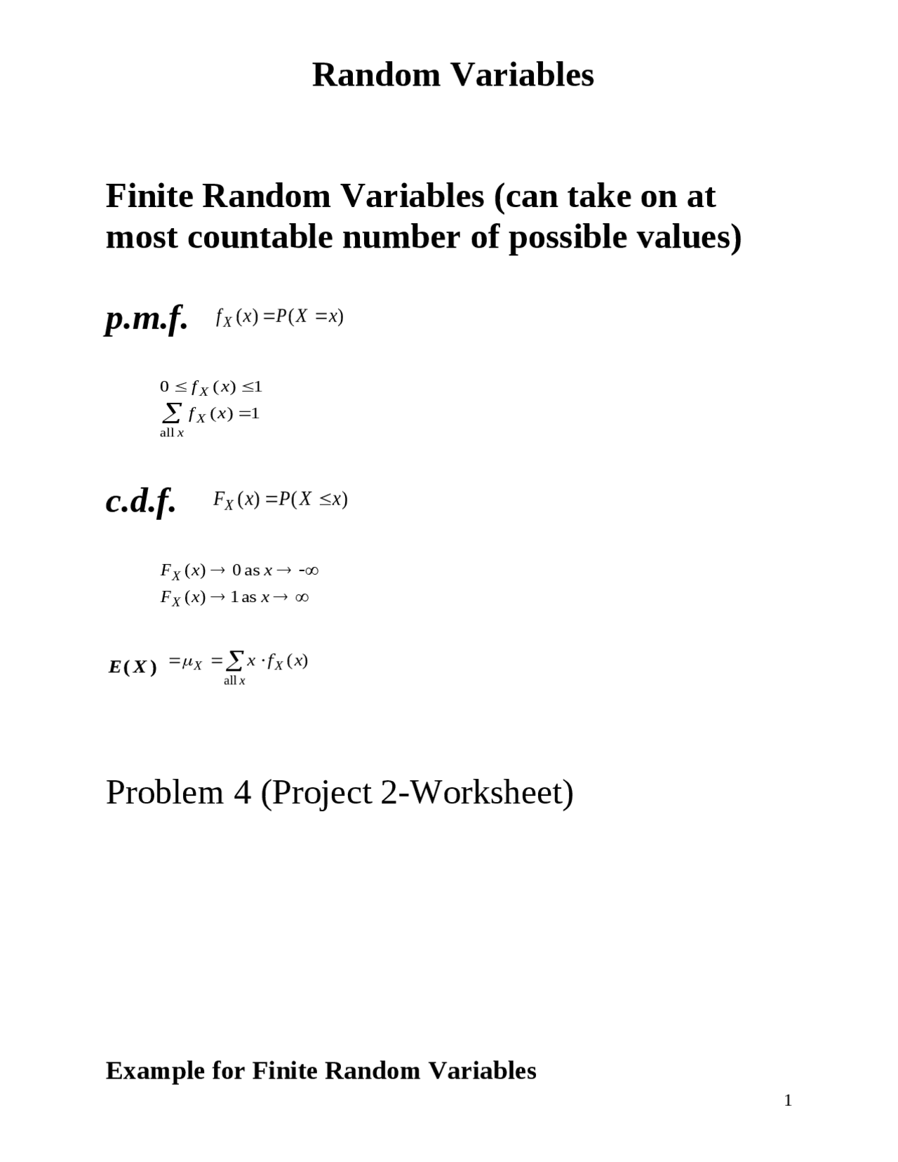 Random Variables in Business Mathematics I - Project 2 | MATH 115A - Docsity