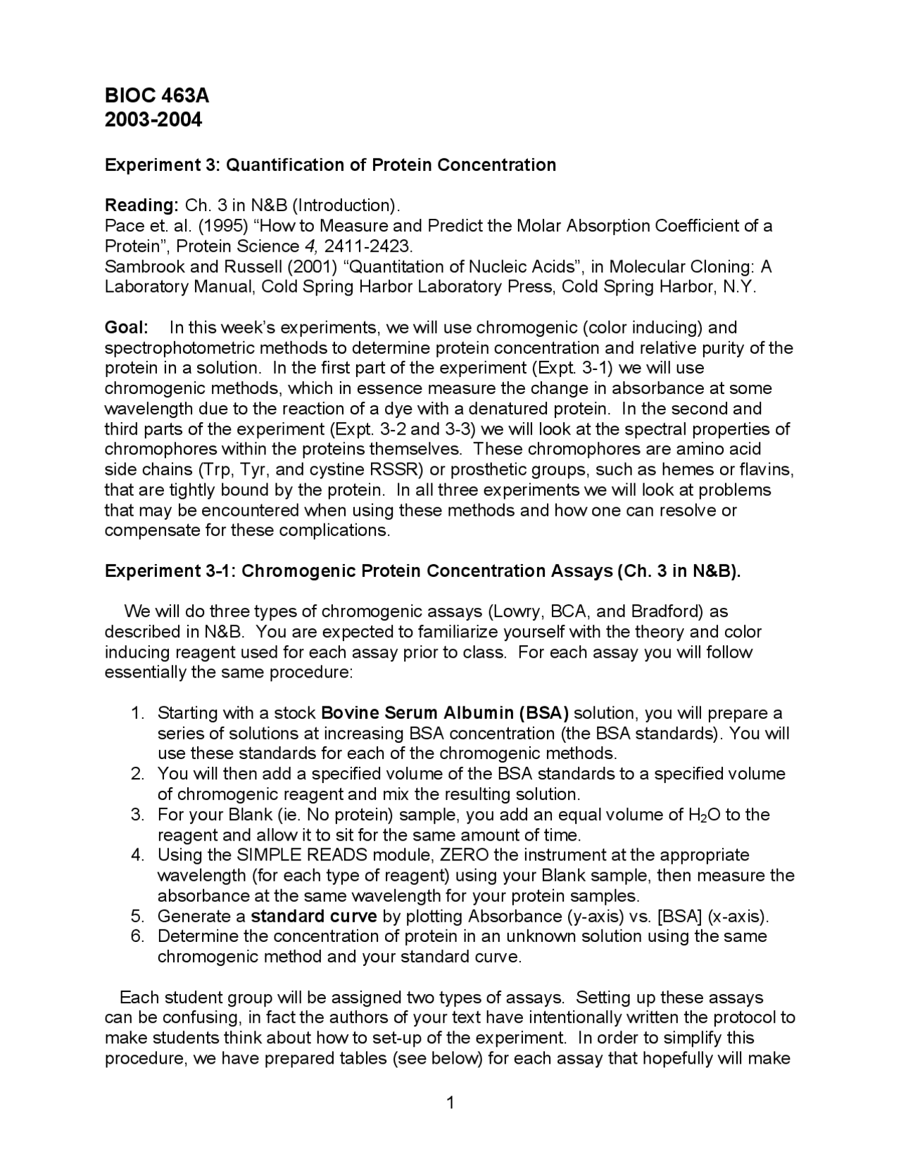 Experiment 3 Quantification Of Protein Concentration Bioc 463a Docsity