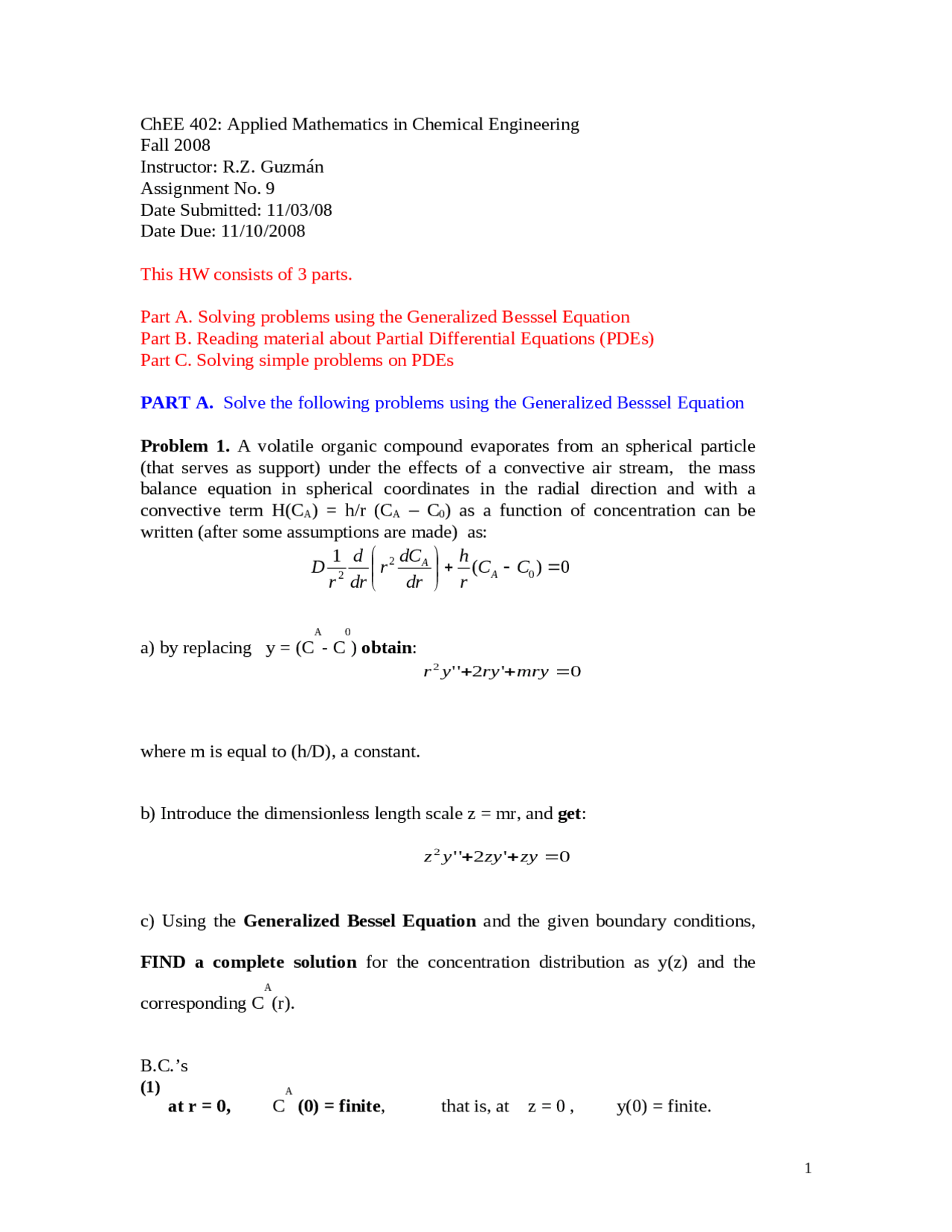 Solutions To Assignment 9 For Chemical Engineering Modeling Chee 402