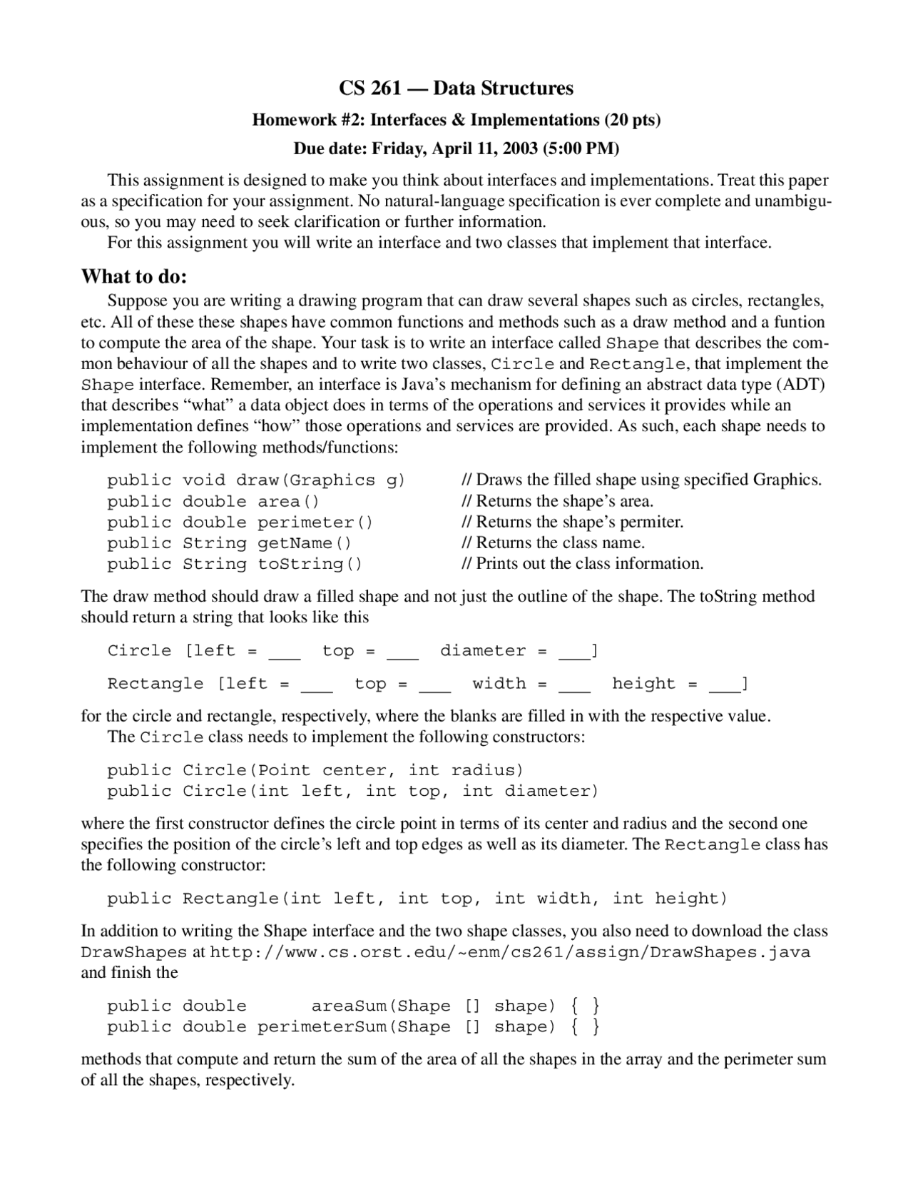 Homework #2 - Interfaces and Implementations | CS 261 - Docsity