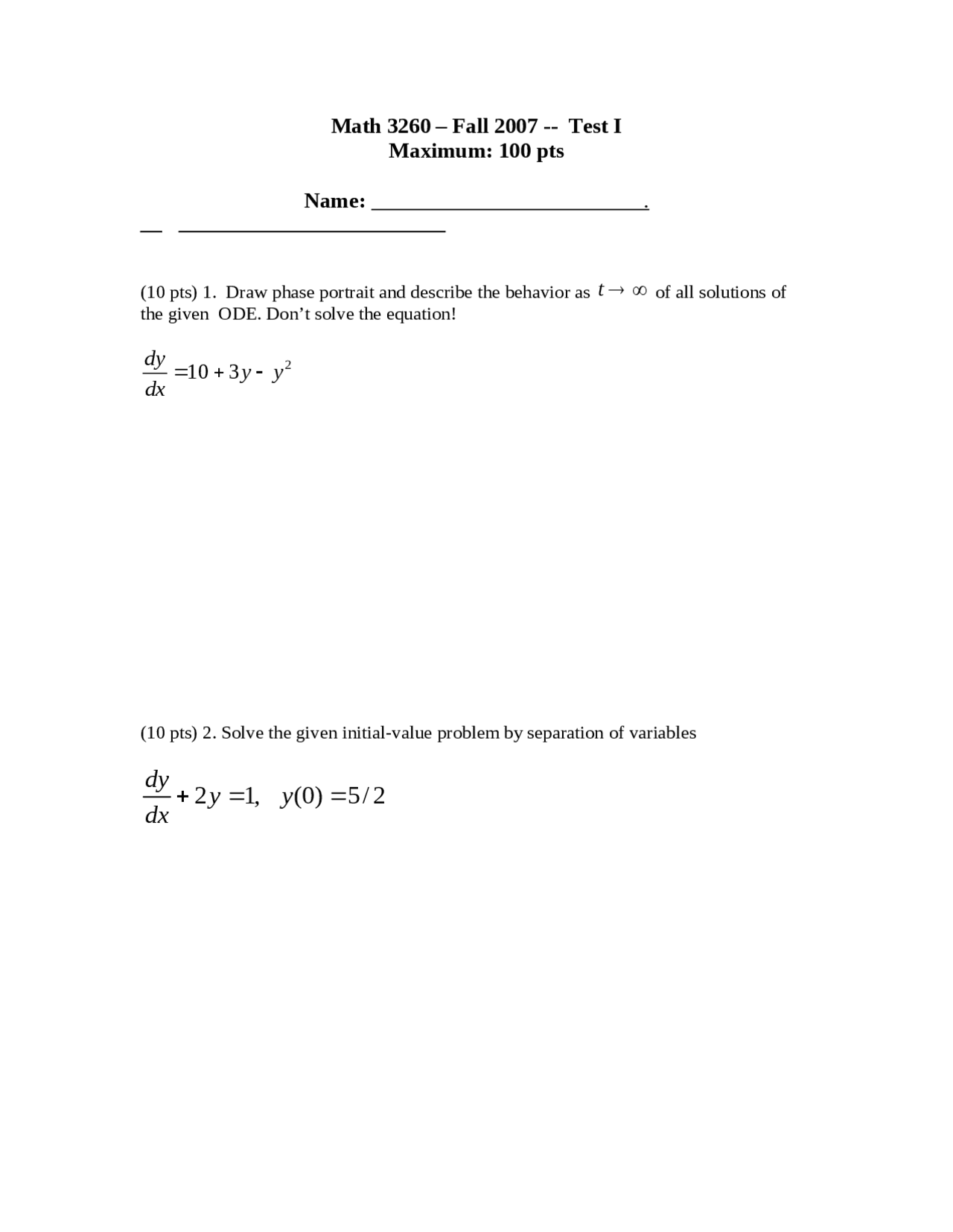 Test 1 Differential Equations Fall 2007 Math 3260 Docsity