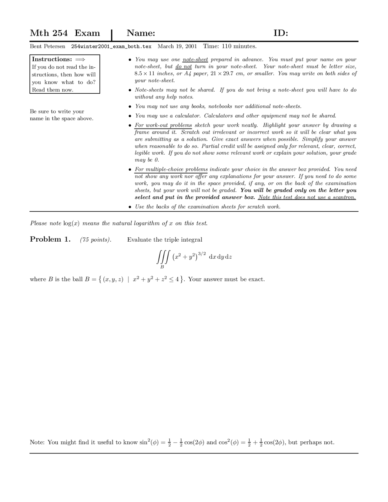 Mth 254 Exam: Calculus Integration and Vector Calculus | Papers Calculus | Docsity