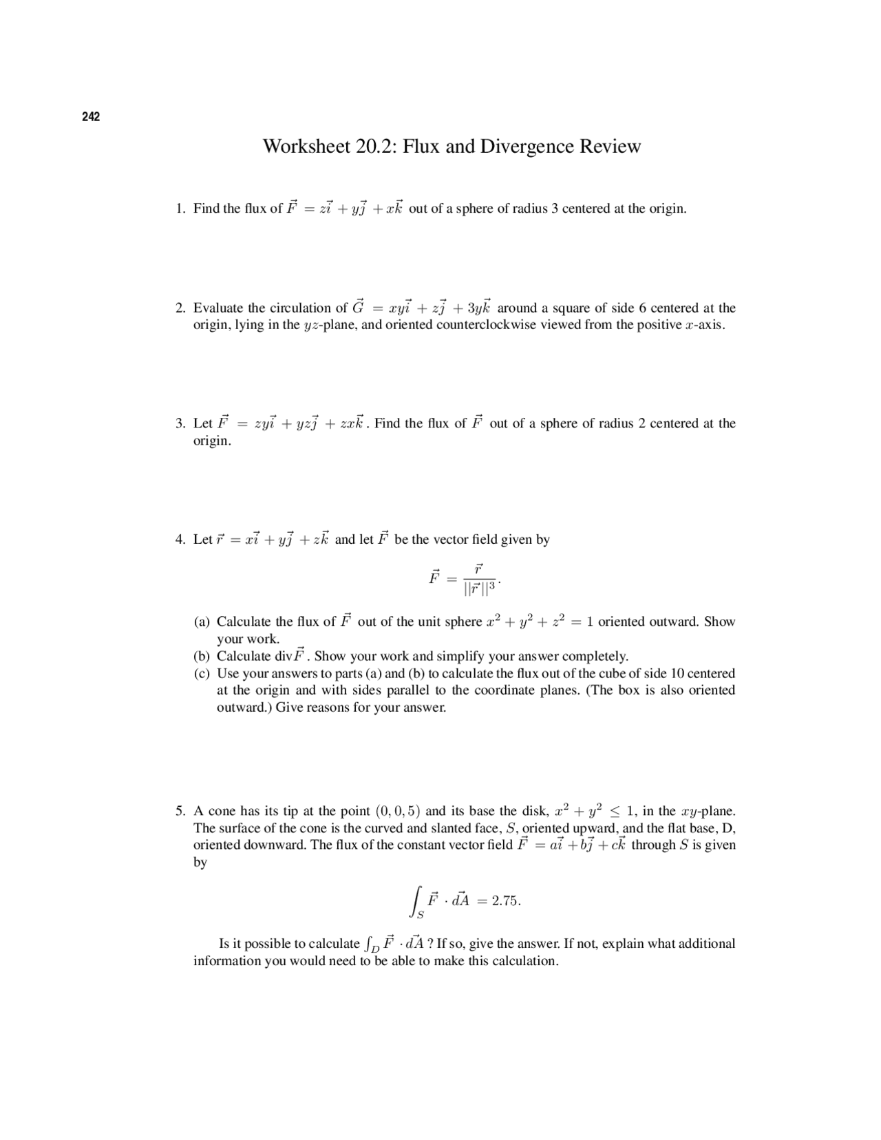 5 Questions on Flux and Divergence - Vector Calculus | MATH 223 - Docsity