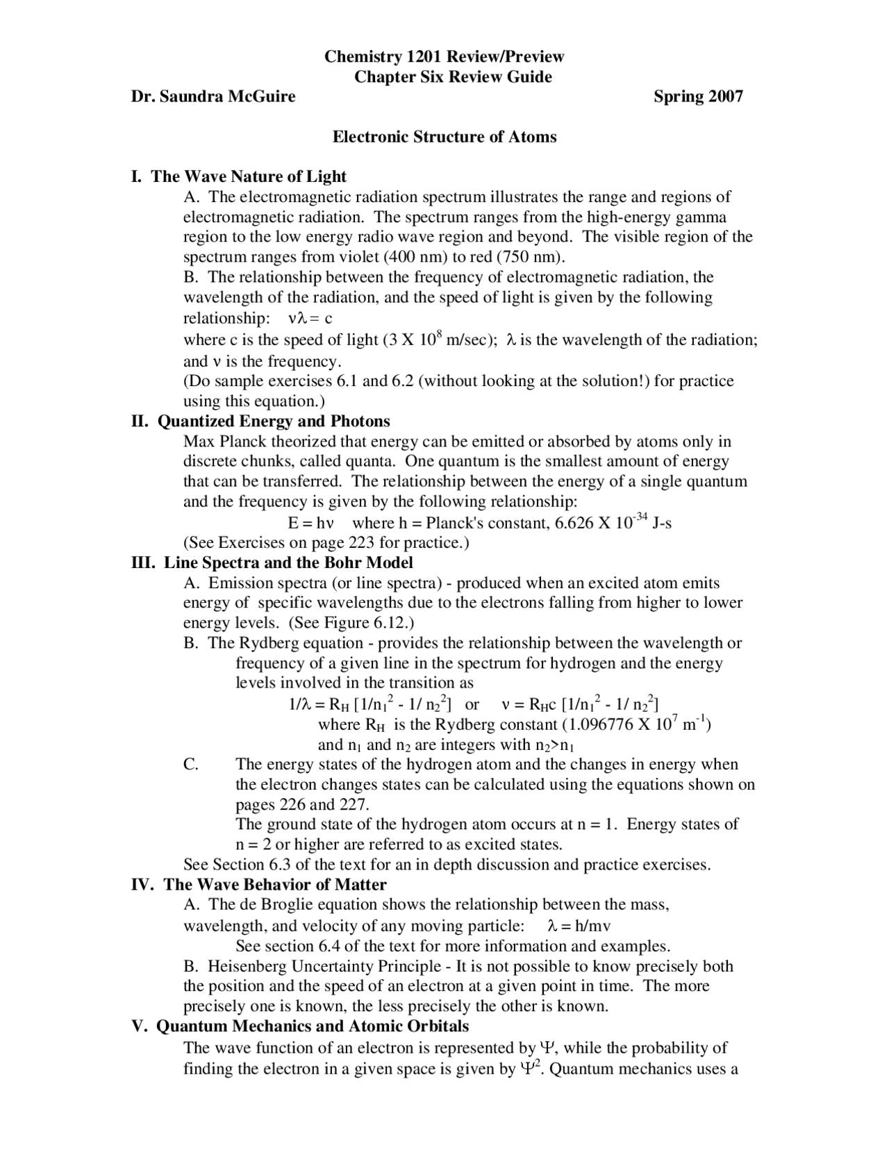 Electronic Structure Of Atoms Review Guide Chem 1201 Docsity