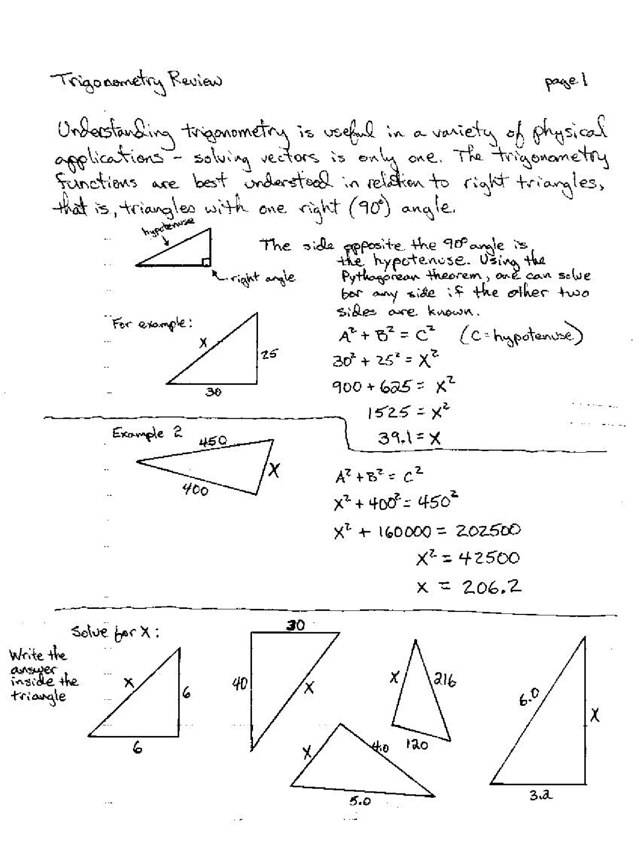 Handwritten Notes on Trigonometry Review | PH 201 - Docsity