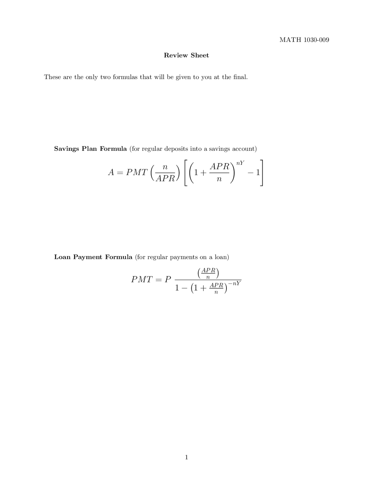 Review Sheet For Introduction To Quantitative Reasoning Math 1030