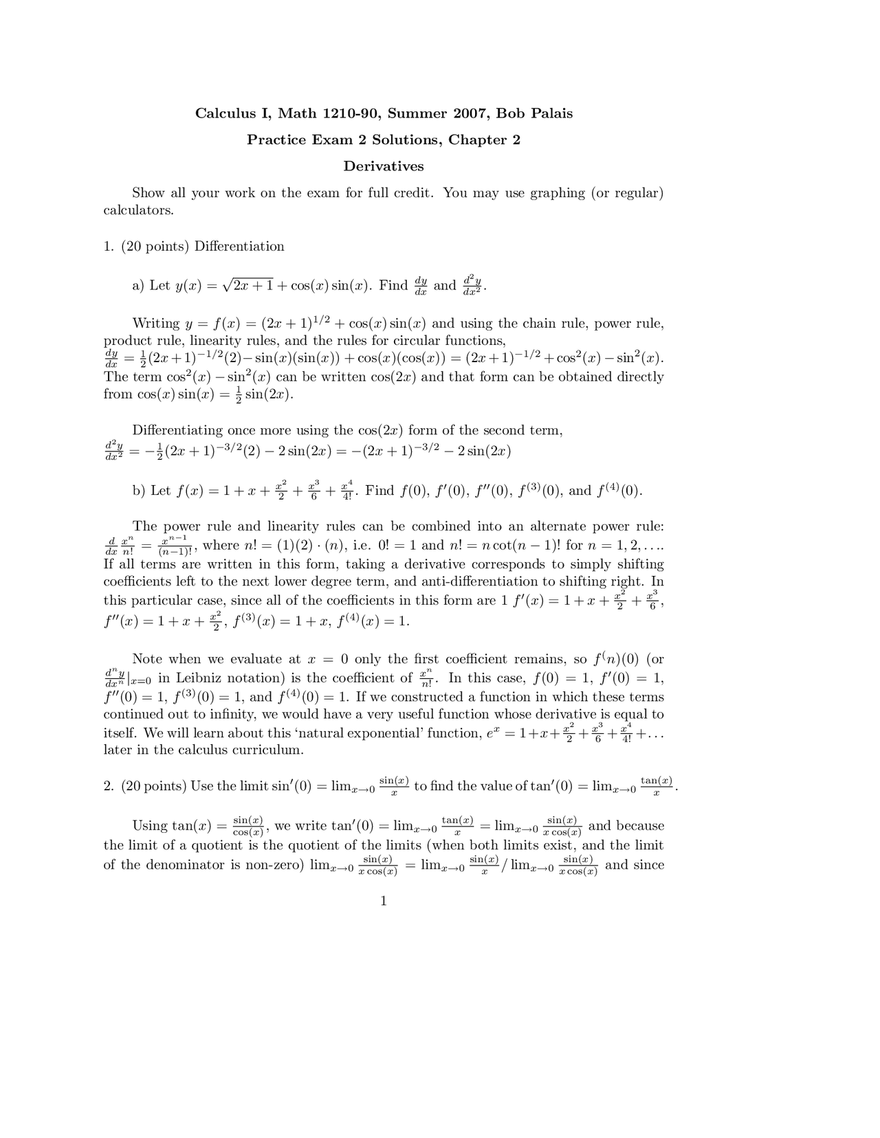 Calculus I Solved Practice Exam 2 Math 1210 Exams Calculus Docsity