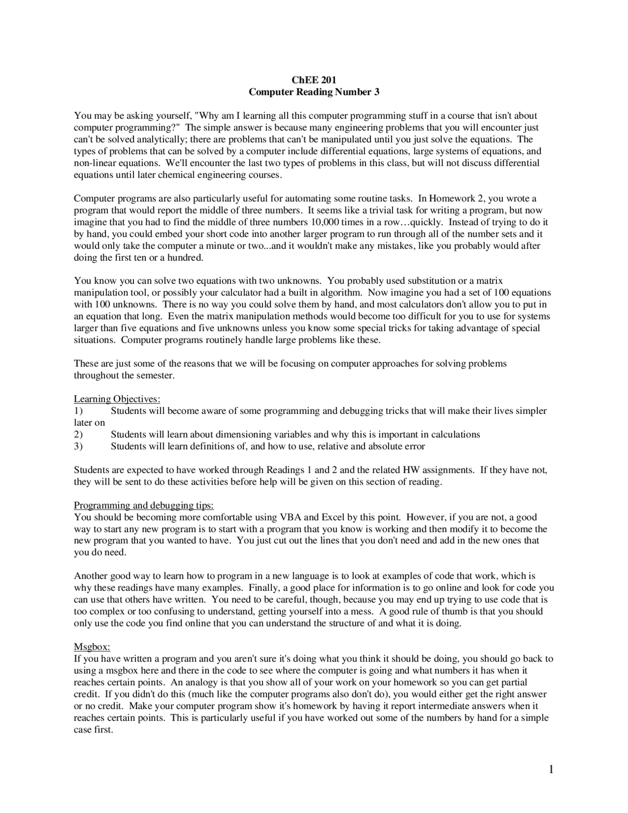Computer Programming For Elements Of Chemical Engineering I Chee 201l