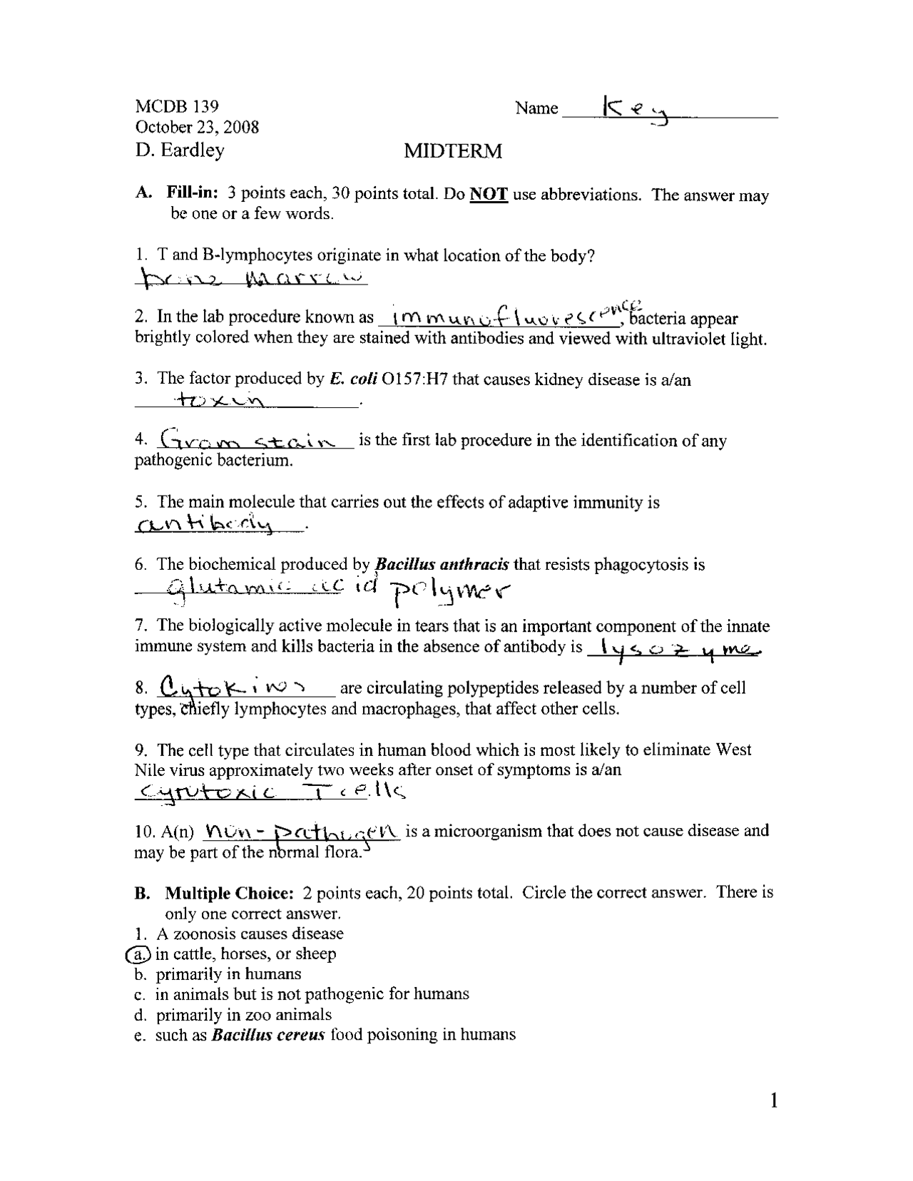 Medical Microbiology Solved Midterm Exam Mcdb 139 Docsity