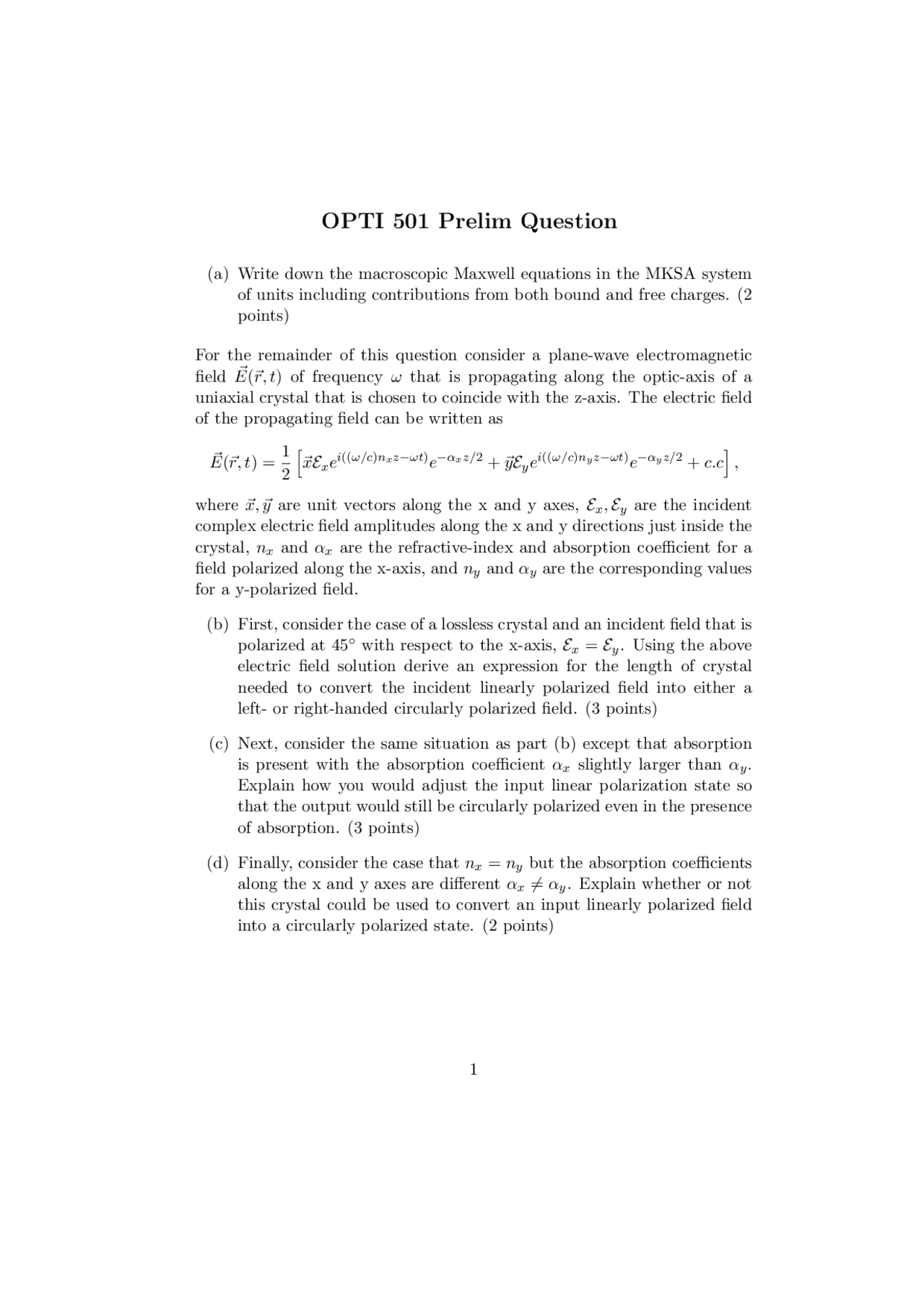 Electromagnetic Waves - Prelim Question | OPTI 501 - Docsity