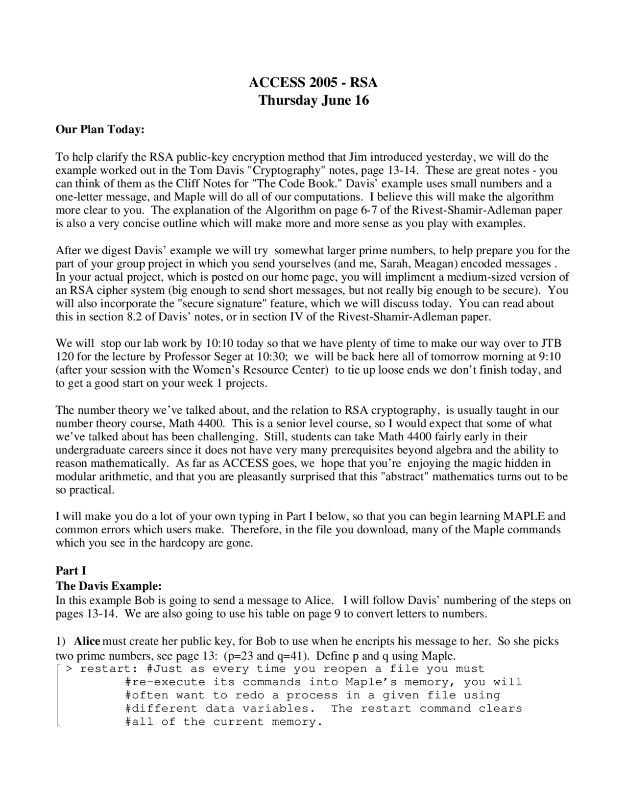 The Devis Example - Introduction to Number Theory | MATH 4400 - Docsity