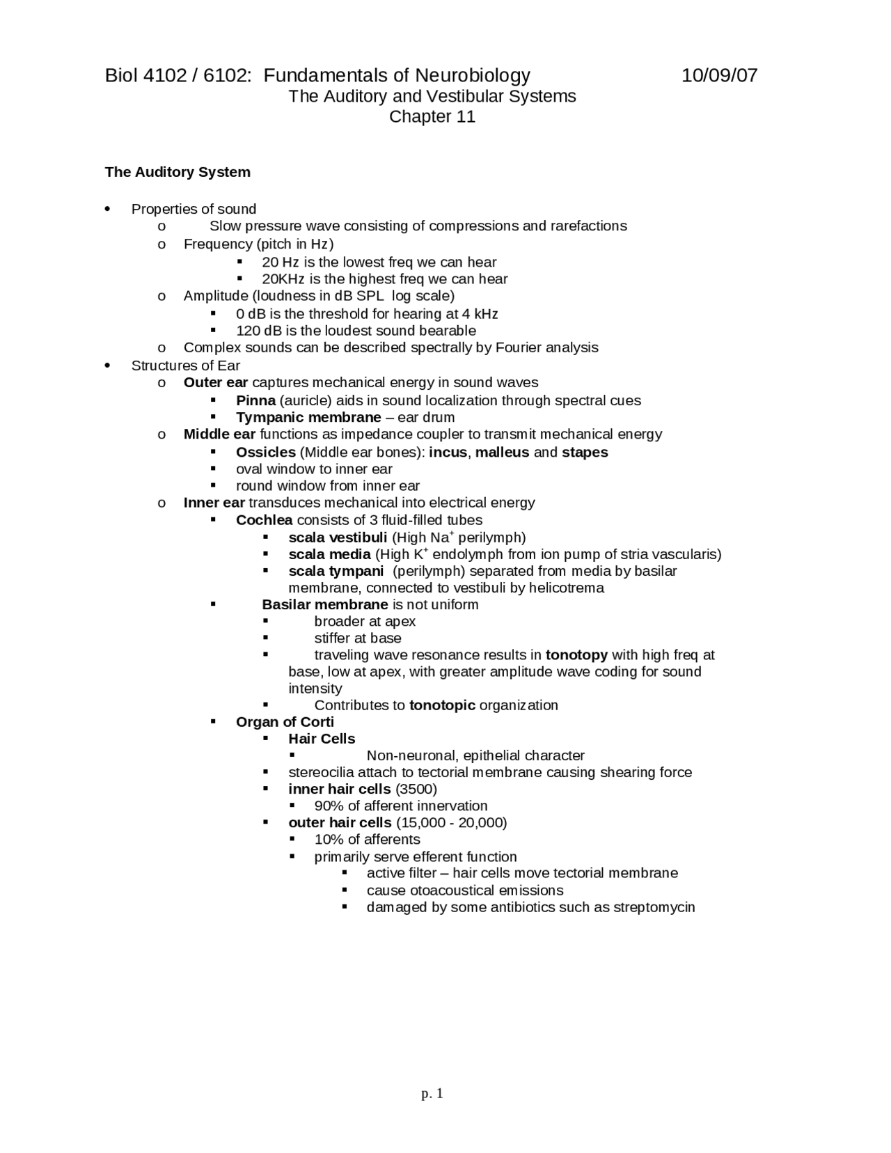 Fundamentals Of Neurobiology The Auditory And Vestibular Systems