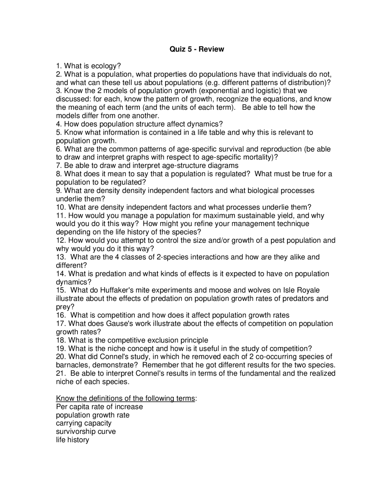 21 Problems On Honor Biology Science Ii Quiz 5 Review Bsc 2011