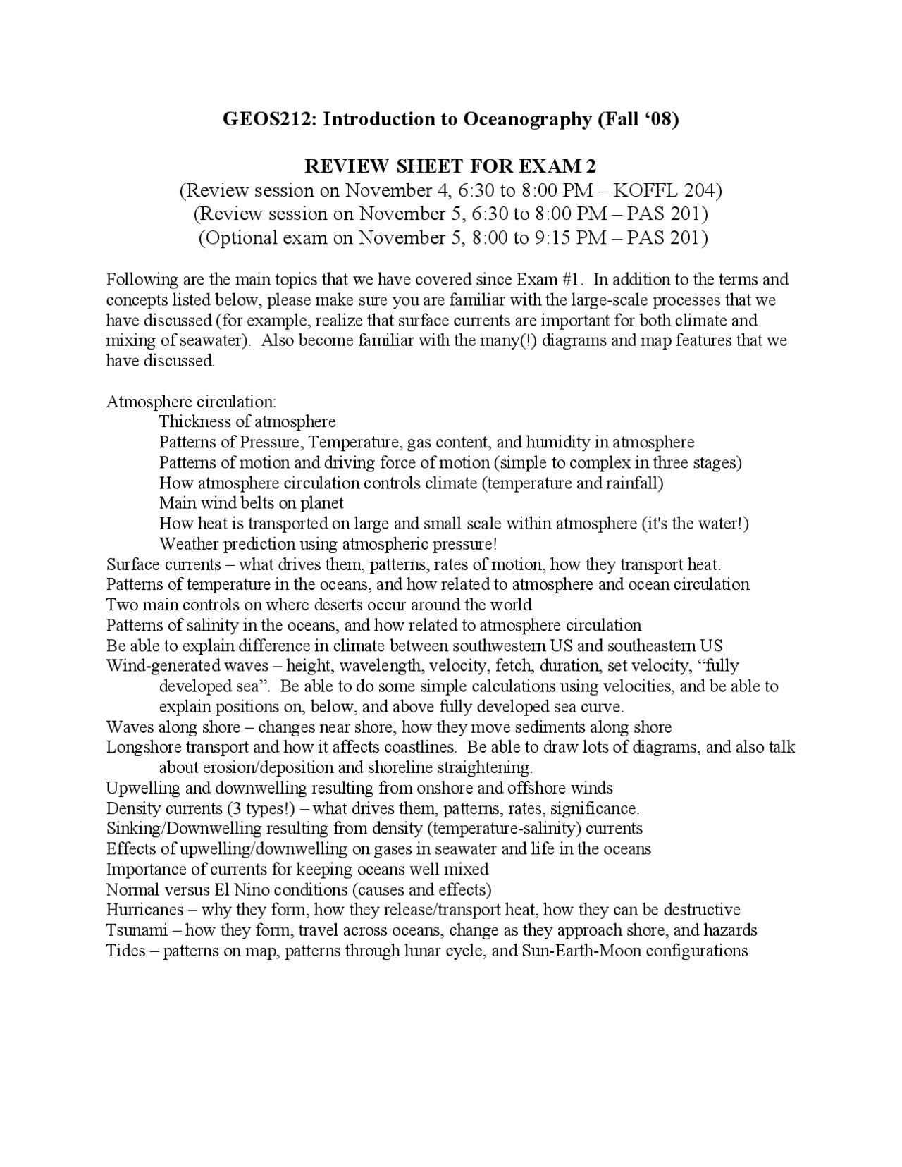 Review Sheet for Exam 2 | Introduction to Oceanography | GEOS 212 - Docsity