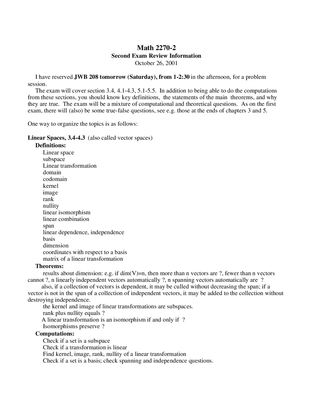 Exam 2 Review for Linear Algebra - Fall 2001 | MATH 2270 - Docsity