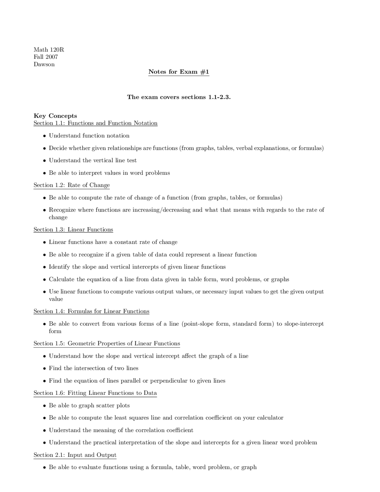 Key Concepts of Functions and Function Notation - Exam 1 | MATH 120R ...