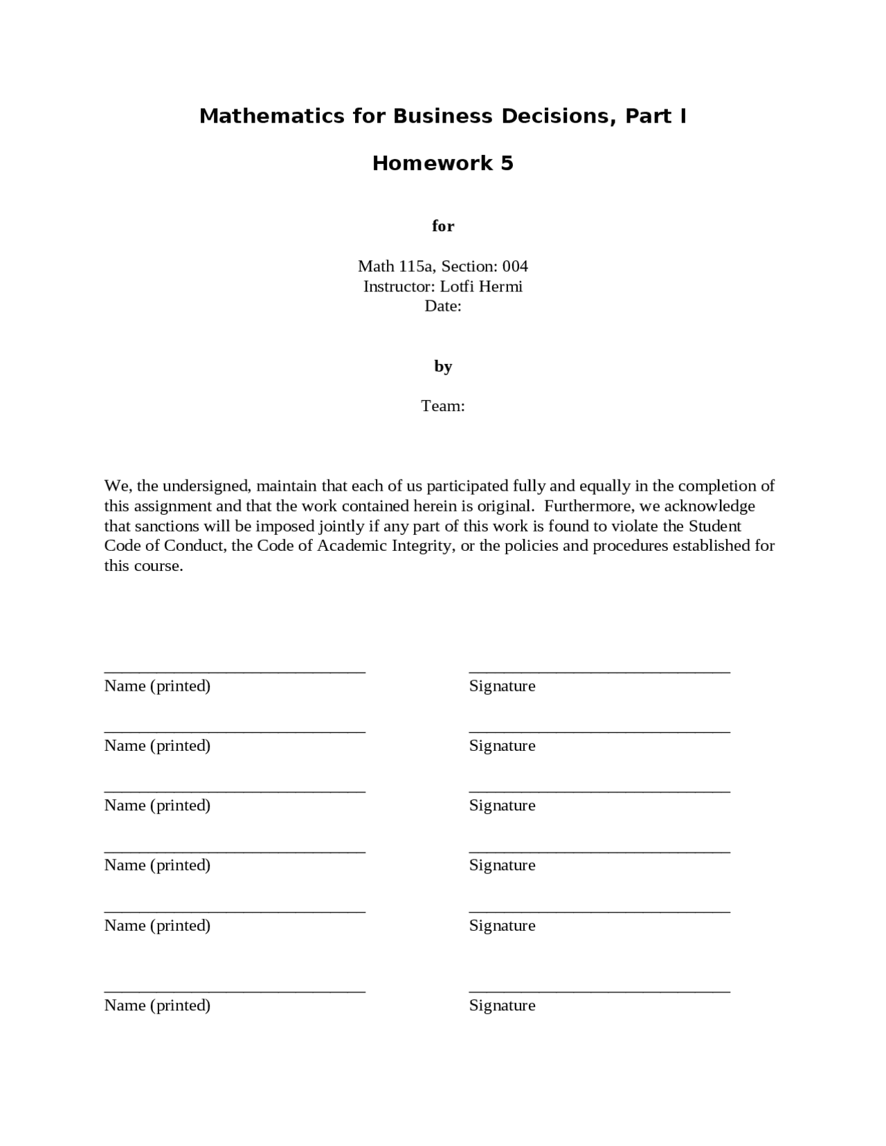 Mathematics For Business Decisions Homework 5 Math 115a Docsity