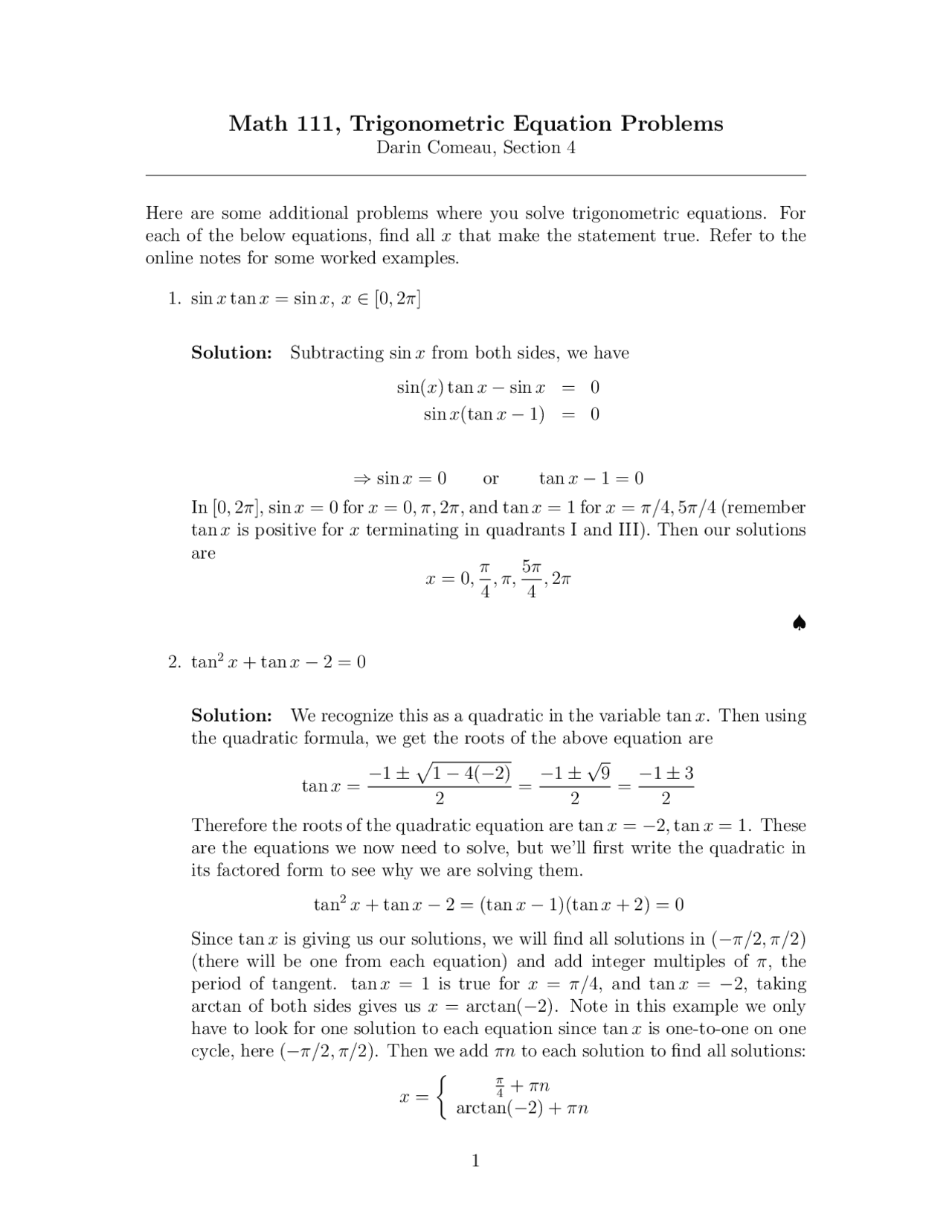 Trigonometric Equation Problems - Lecture Notes | MATH 111 | Study ...