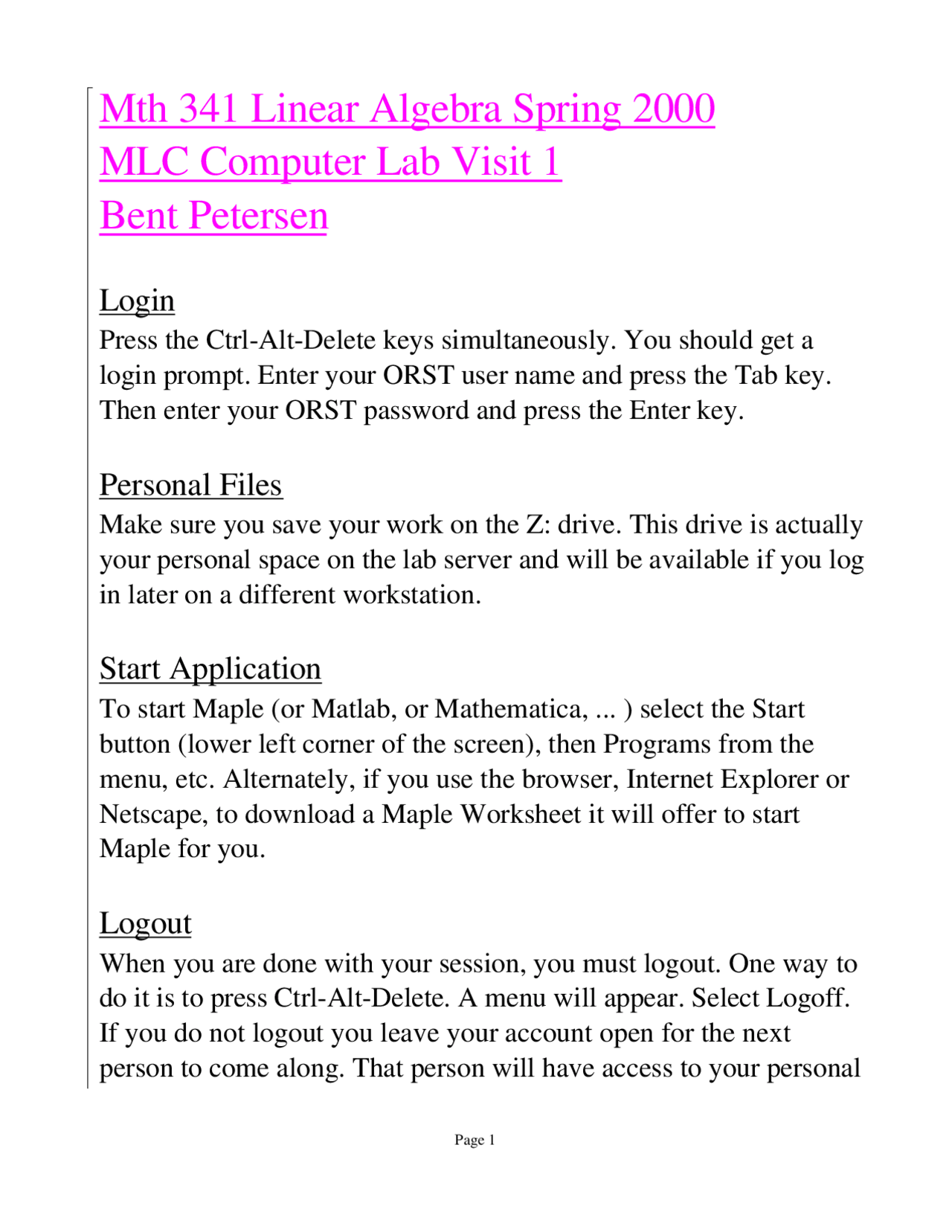Mlc Computer Lab Visit 1 Linear Algebra I Mth 341 Docsity