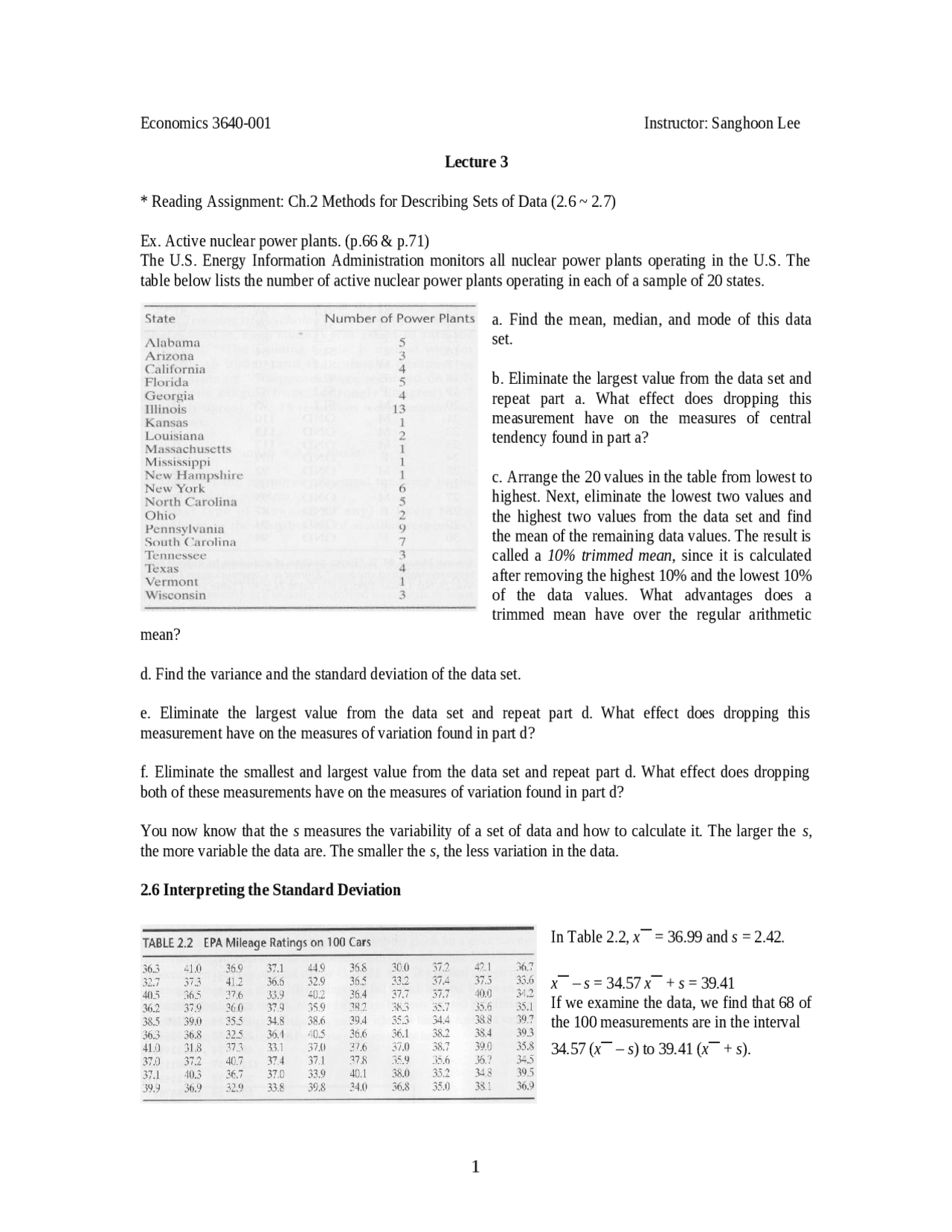 Methods For Describing Sets Of Data Lecture Notes Econ 3640 Docsity